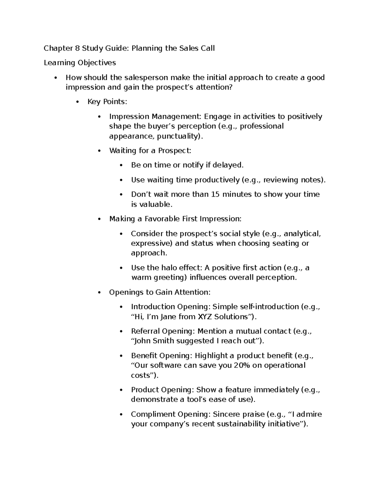 Chapter 8 & 9 Study Guide: Sales Call Strategies & Techniques (Exam 2 ...