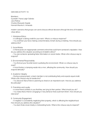Ethics Activity - Name: Shakira H. Olis Section: BSA2-B Subject: Gen ...