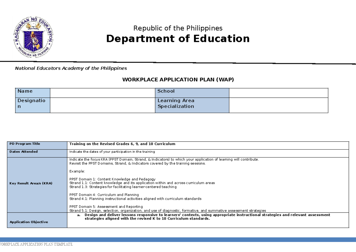 WAP Template for Training on Revised Grades 6, 9, and 10 Curriculum ...