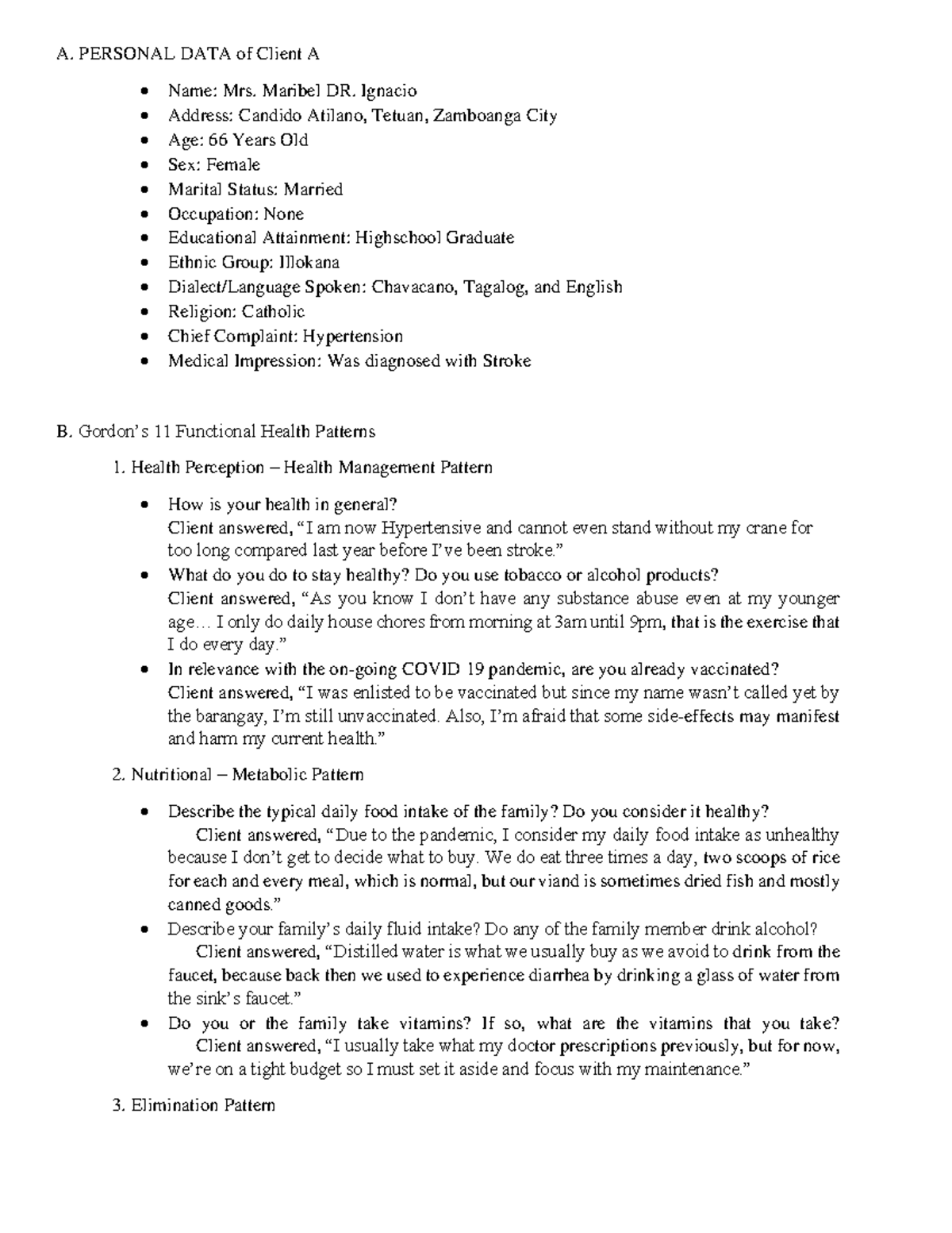 Gordon’s 11 Functional Health Patterns: Case Analysis of Clients A & B ...