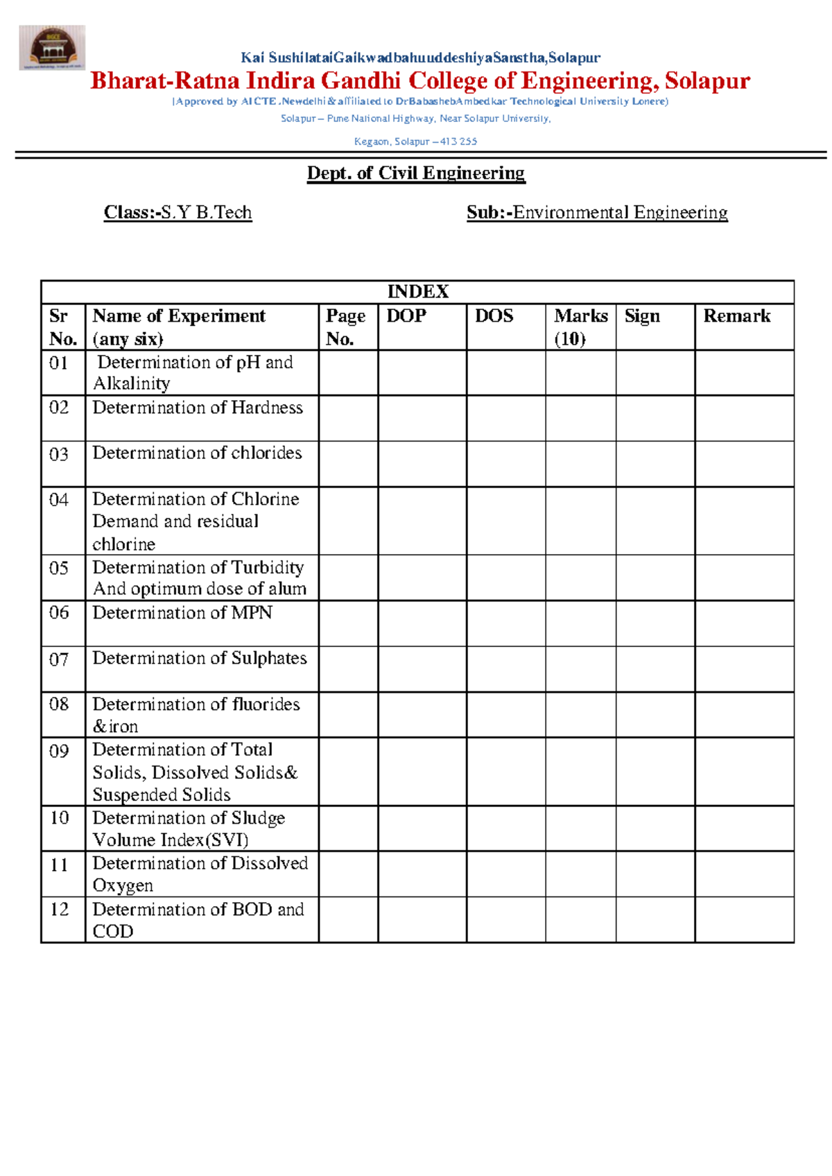 Environmental Engineering Lab Manual (B.Tech) - Experiments on Water ...