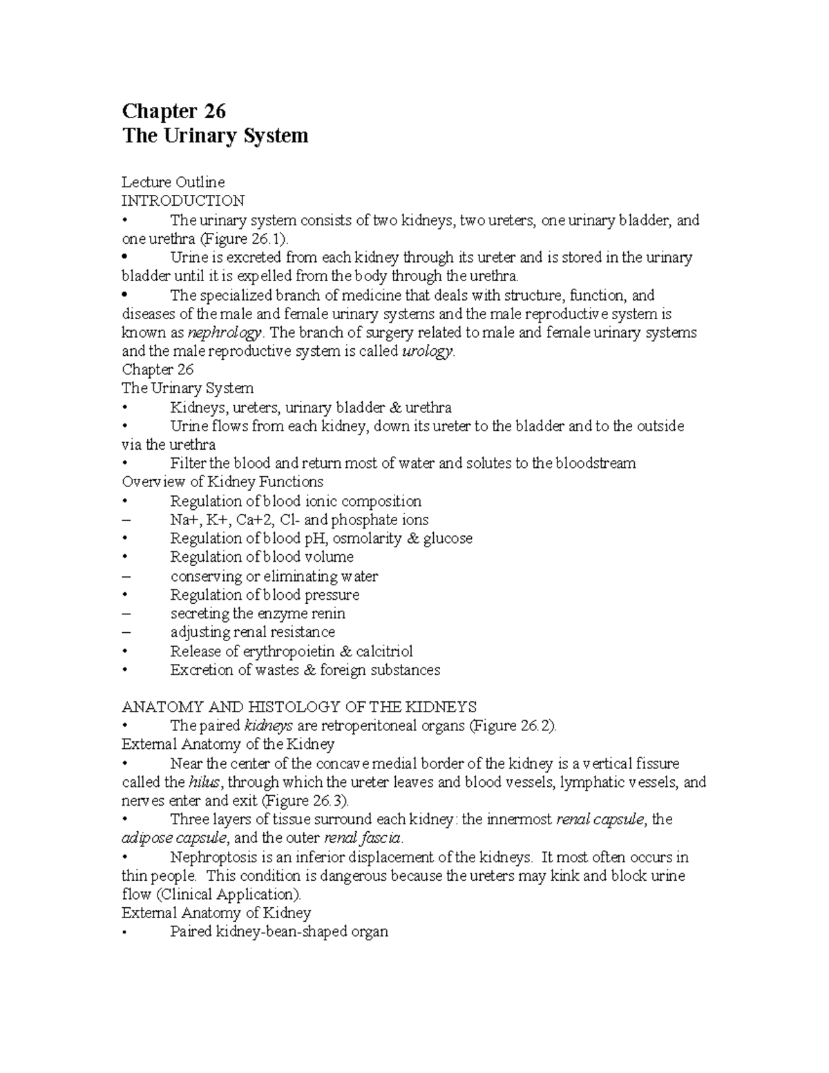 Chapter 26: The Urinary System Lecture Outline - Studocu