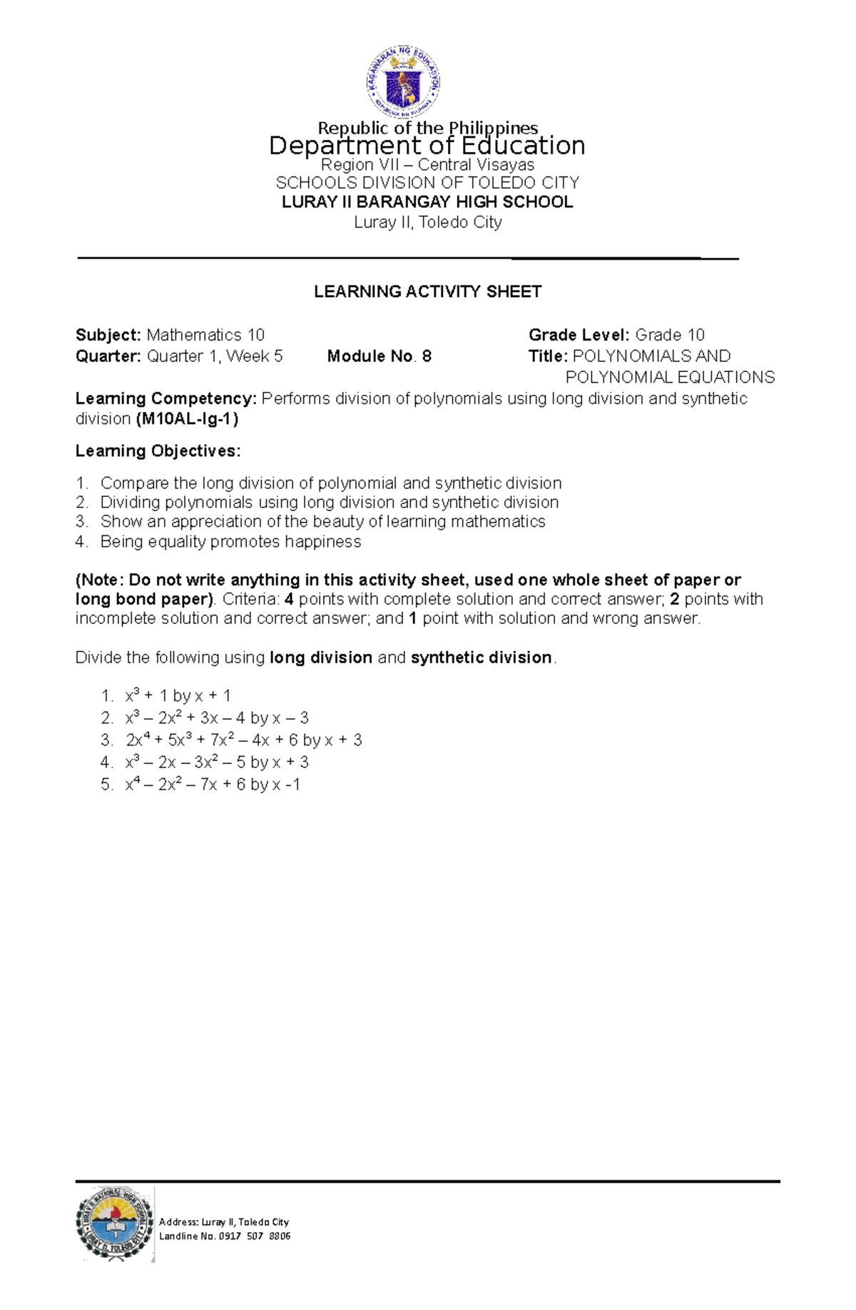 M10 q1 m10 Polynomial Equation - Mathematics Quarter 1 – Module 10 ...