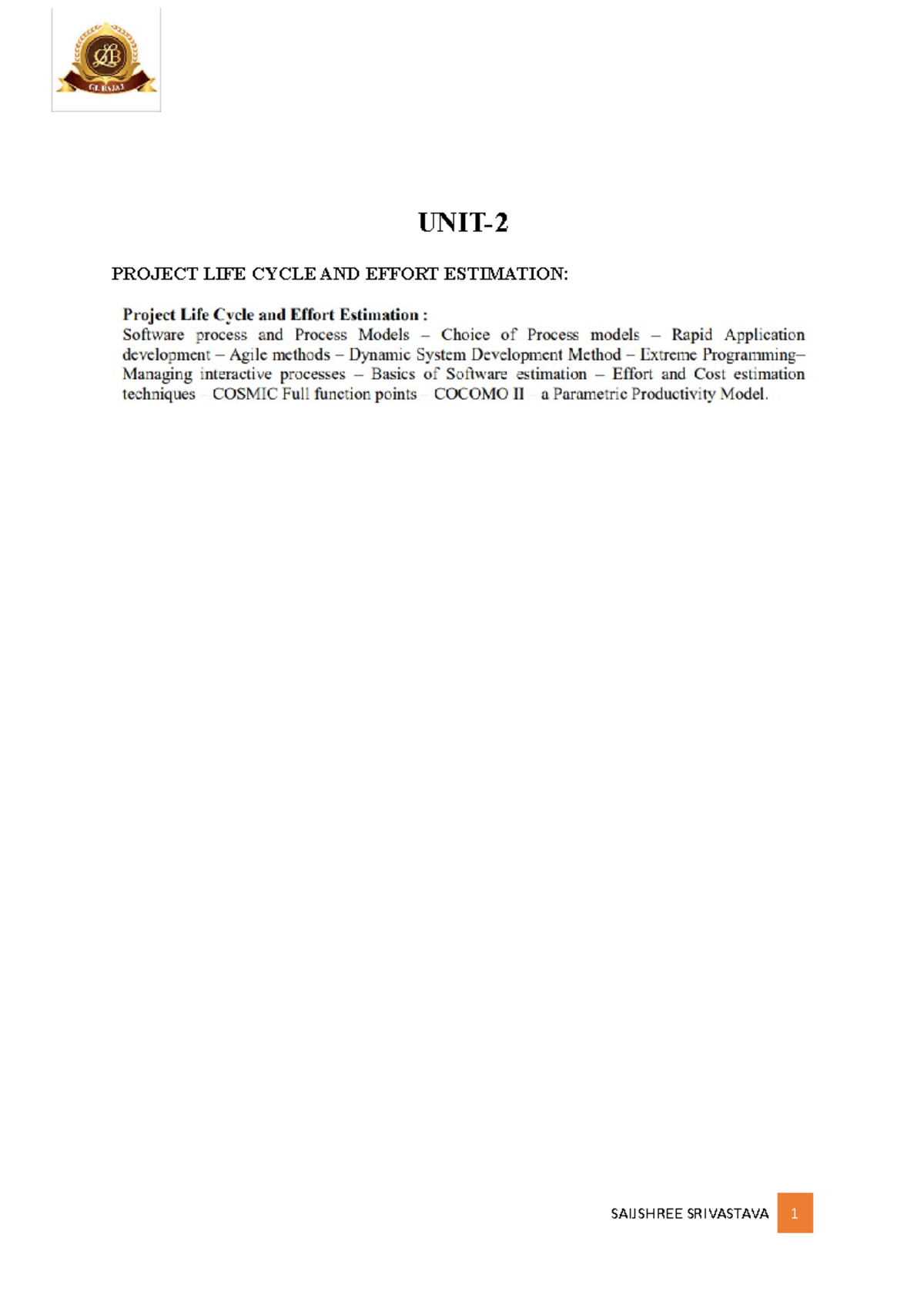 PROJECT LIFE CYCLE AND EFFORT ESTIMATION - UNIT 2-SPM - Studocu