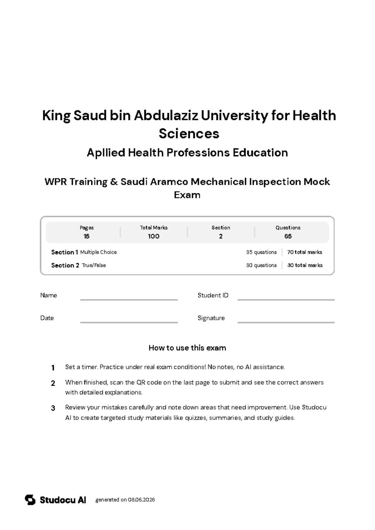 WPR Training: Saudi Aramco Mechanical Inspection Mock Exam - Studocu
