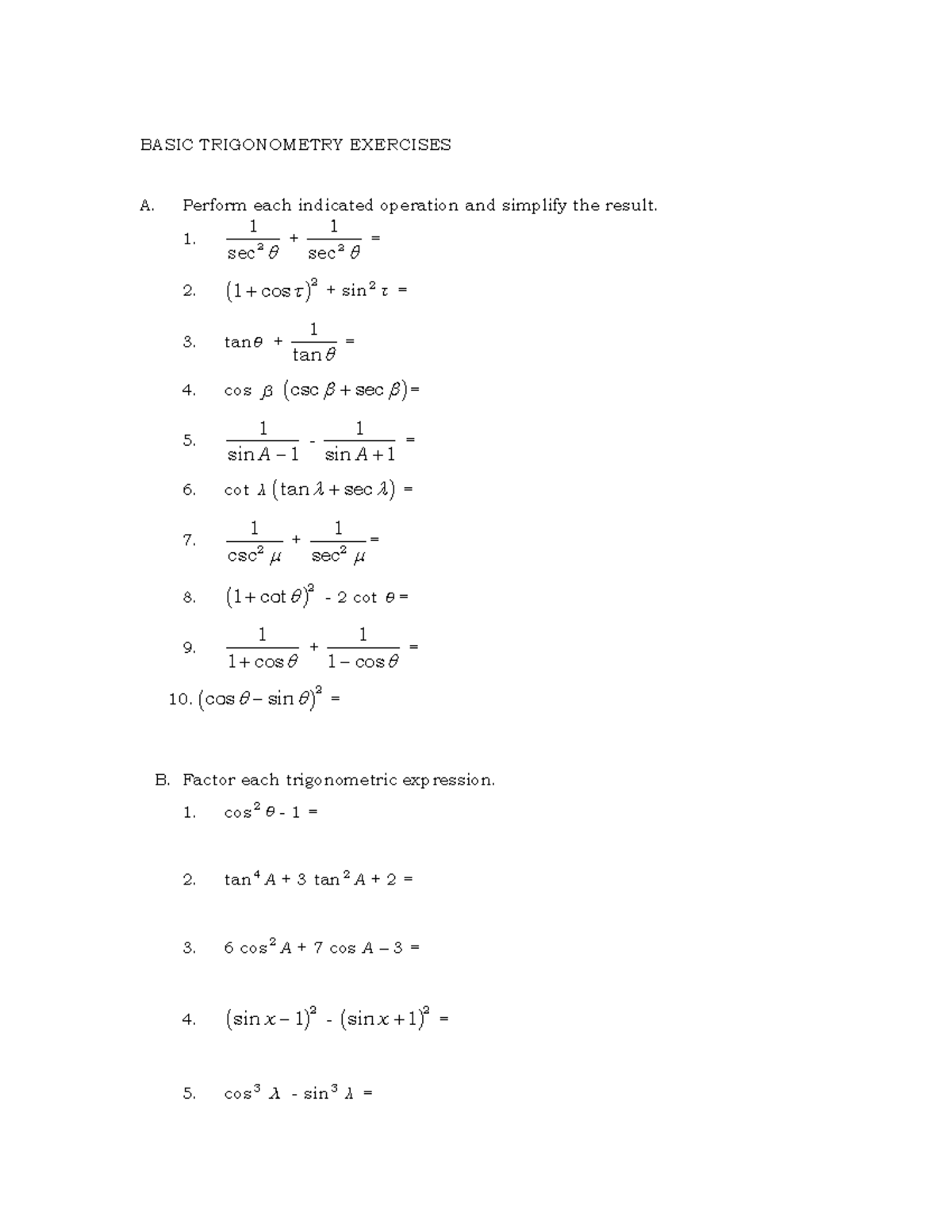 Basic Trigonometry Exercises - BASIC TRIGONOMETRY EXERCISES A. Perform ...