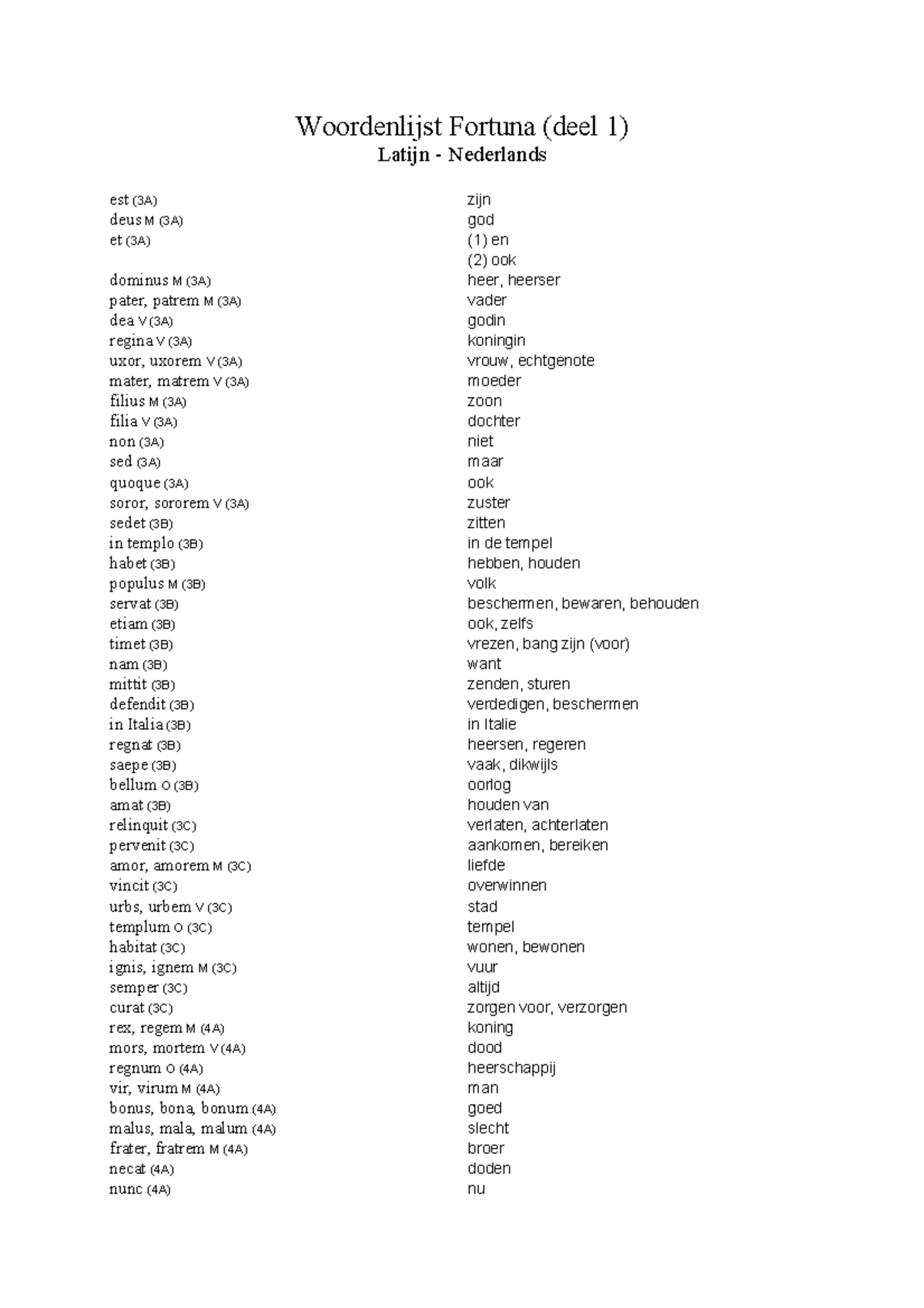 Woordenlijst Fortuna (deel 1) - Latijn Nederlands (3A) - Studeersnel