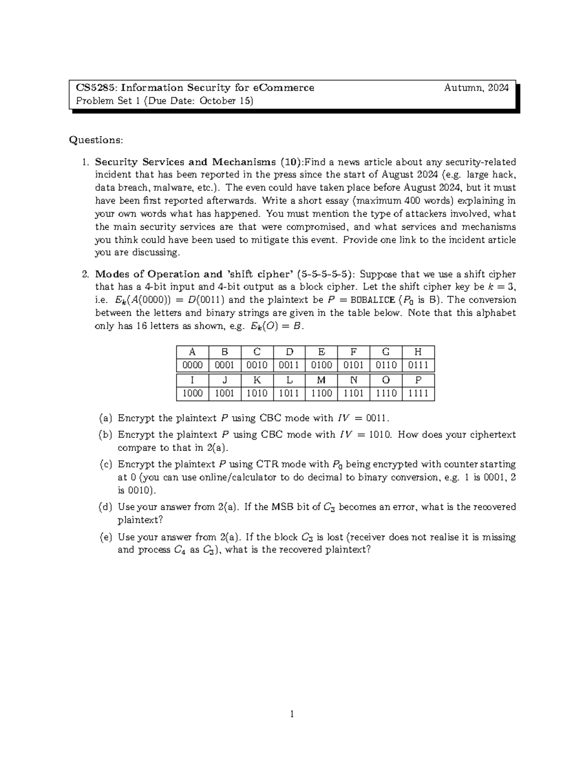 Problem Set 1 2024 - CS5285: Information Security for eCommerce Autumn, 2024 Problem Set 1 (Due ...