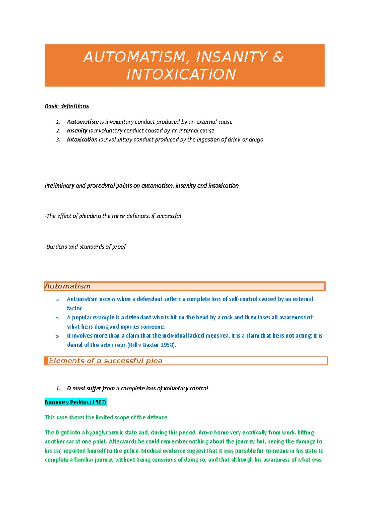 Automatism and Insanity Lecture Notes for Law 101 - Studocu