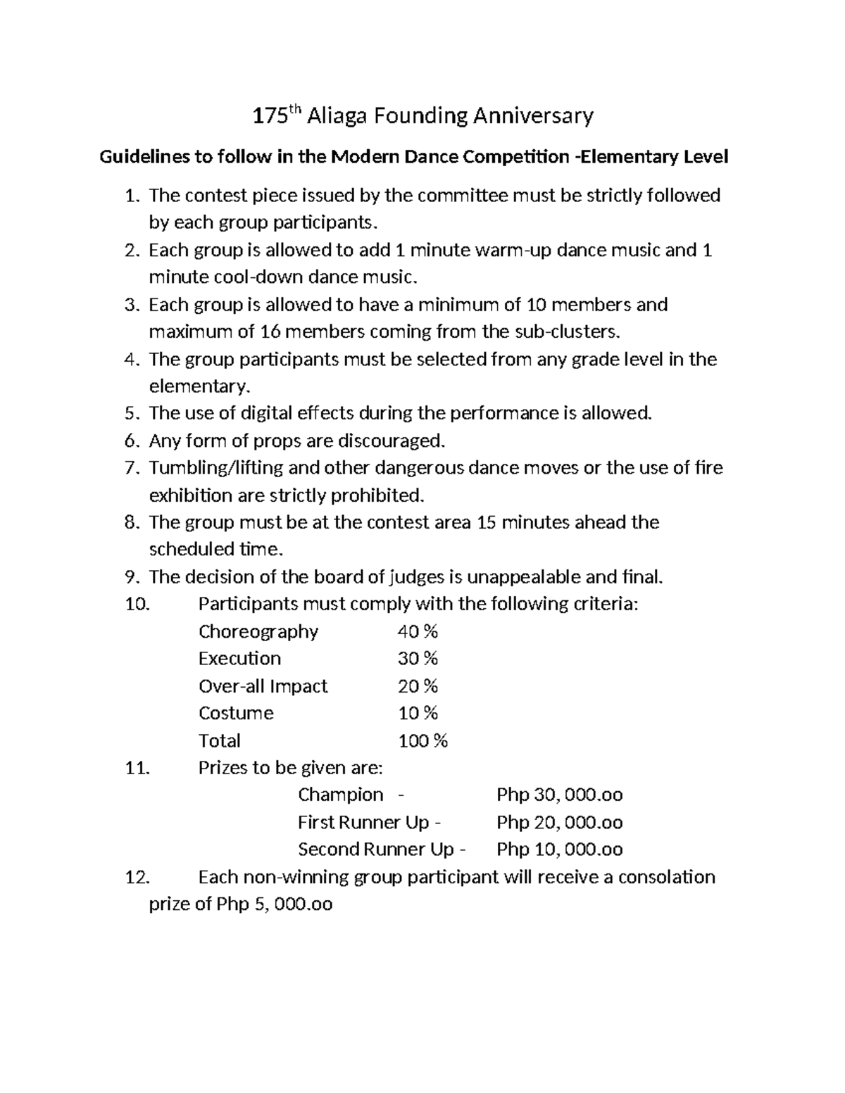 Modern Dance Competition Guidelines - Elementary Level (Course 175 ...