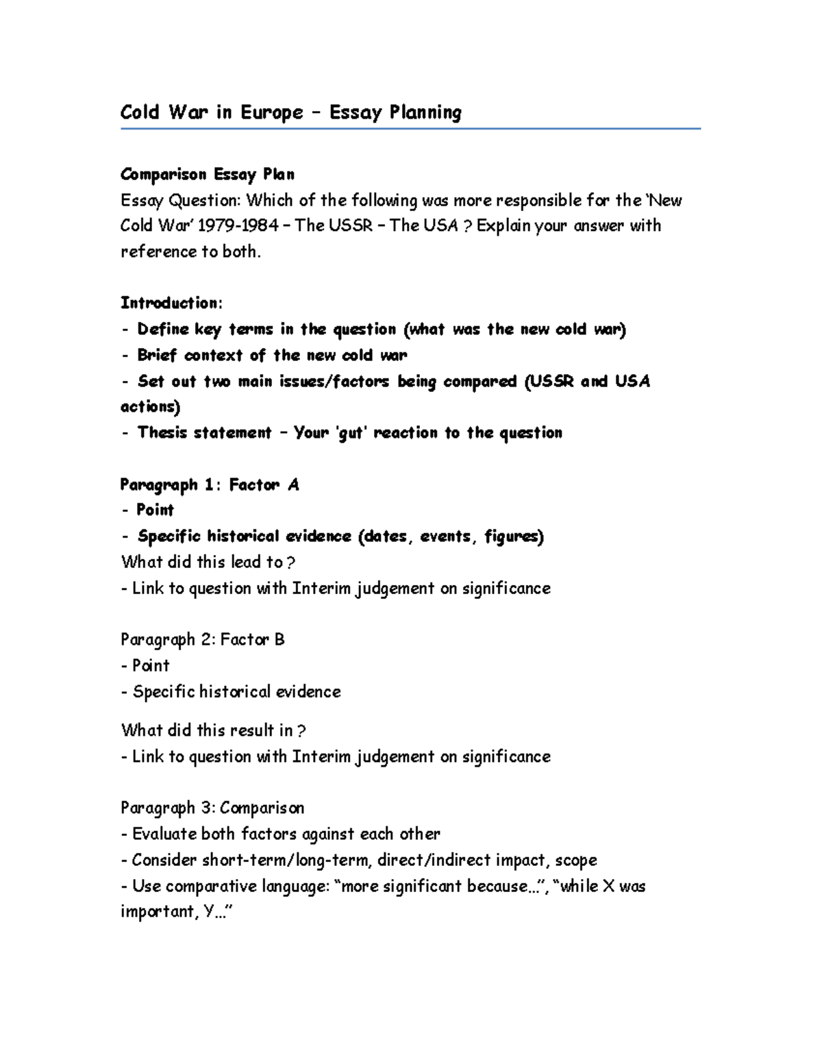 OCR Cold War Essay Planning Templates: Comparing USSR & USA - Studocu