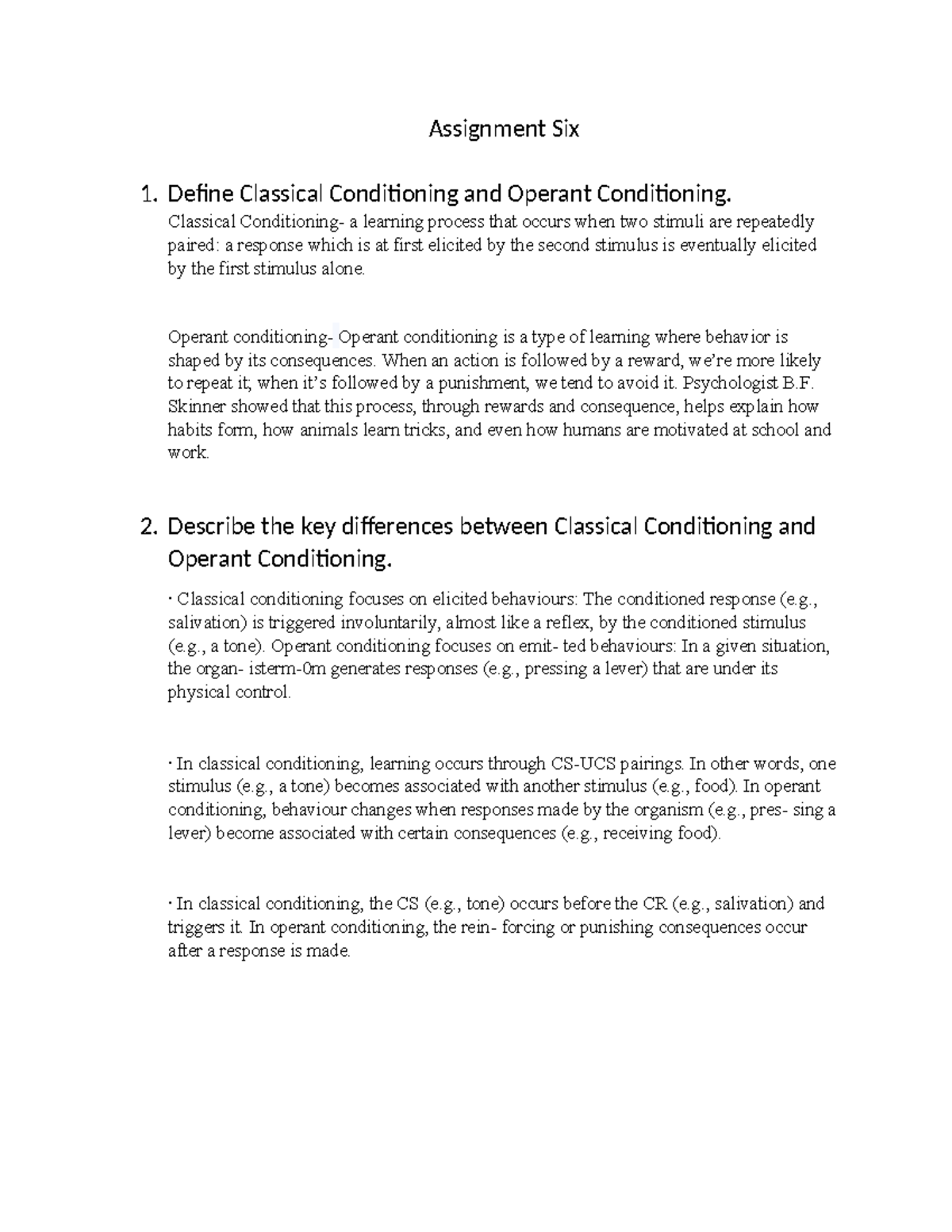 Assignment 6: Classical vs. Operant Conditioning Explained - Studocu