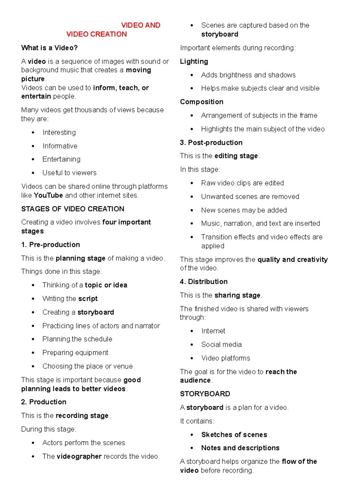 VIDEO CREATION GUIDE: Stages, Techniques & Key Terms (COMP 6 - 4TH QTR ...