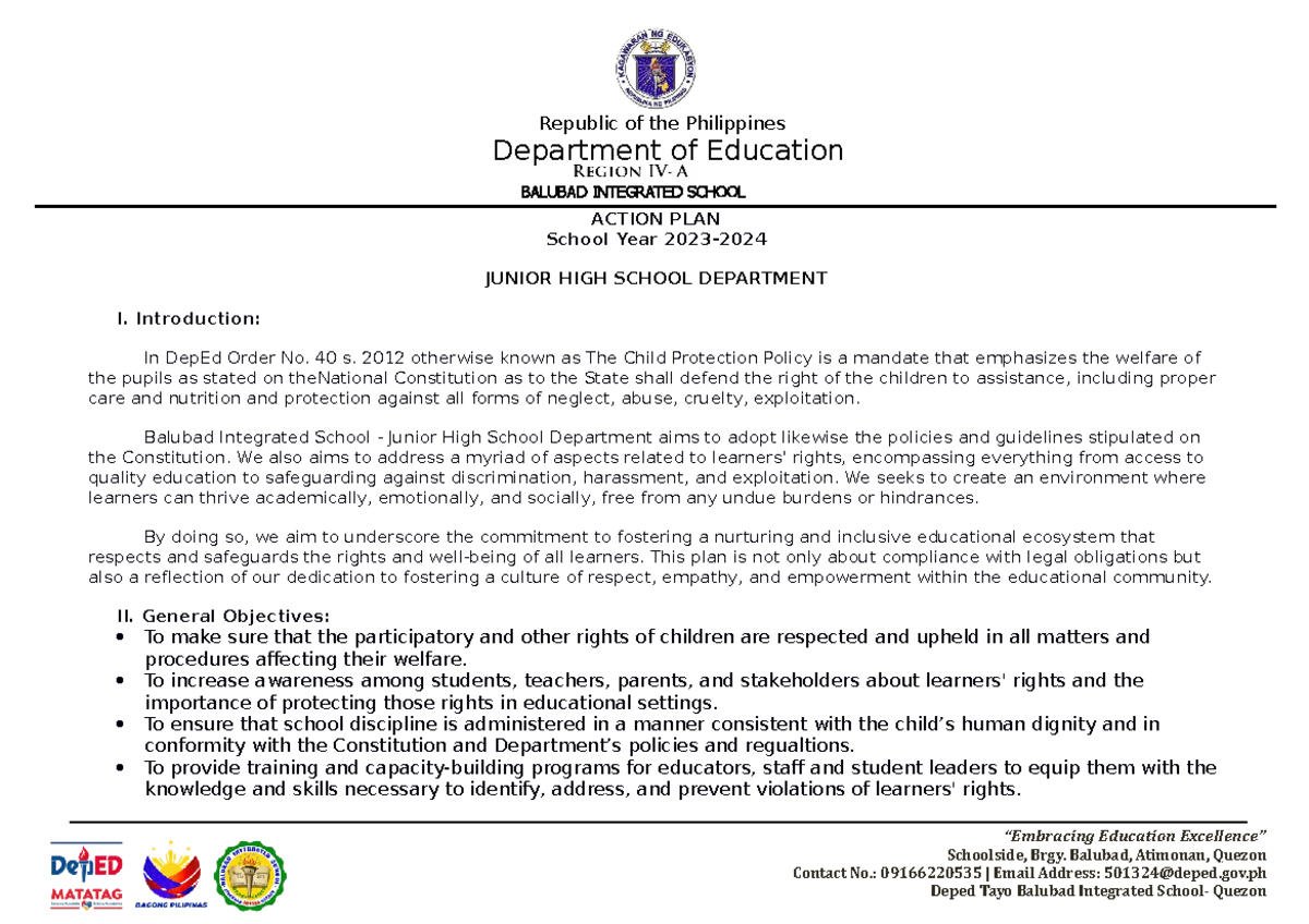 BIS JHS LRP 2023-2024 - Comprehensive Action Plan for Learner Rights ...