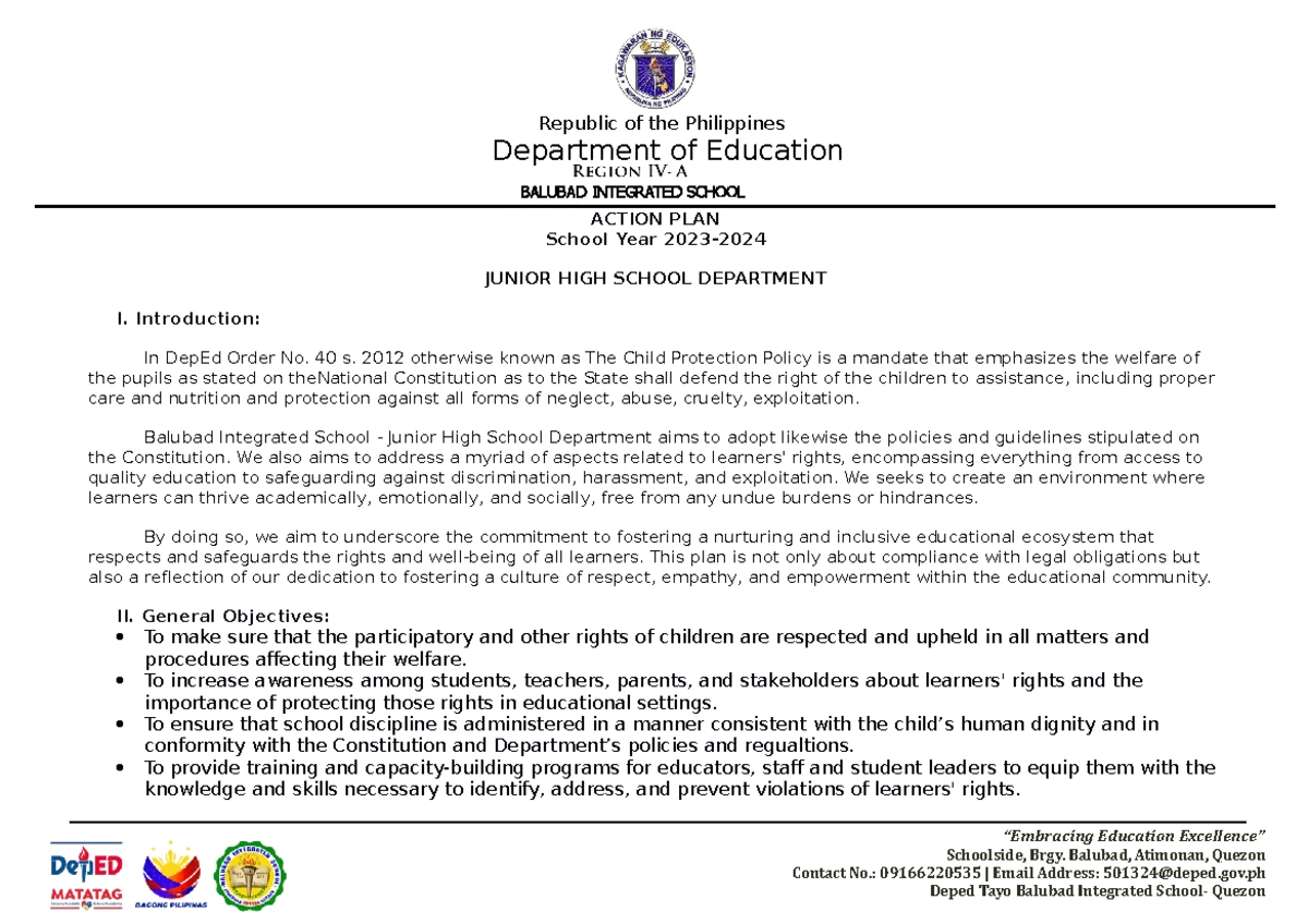 BIS ELEM LRP 2023-2024 - Action Plan in Learner's Rights and Protection ...