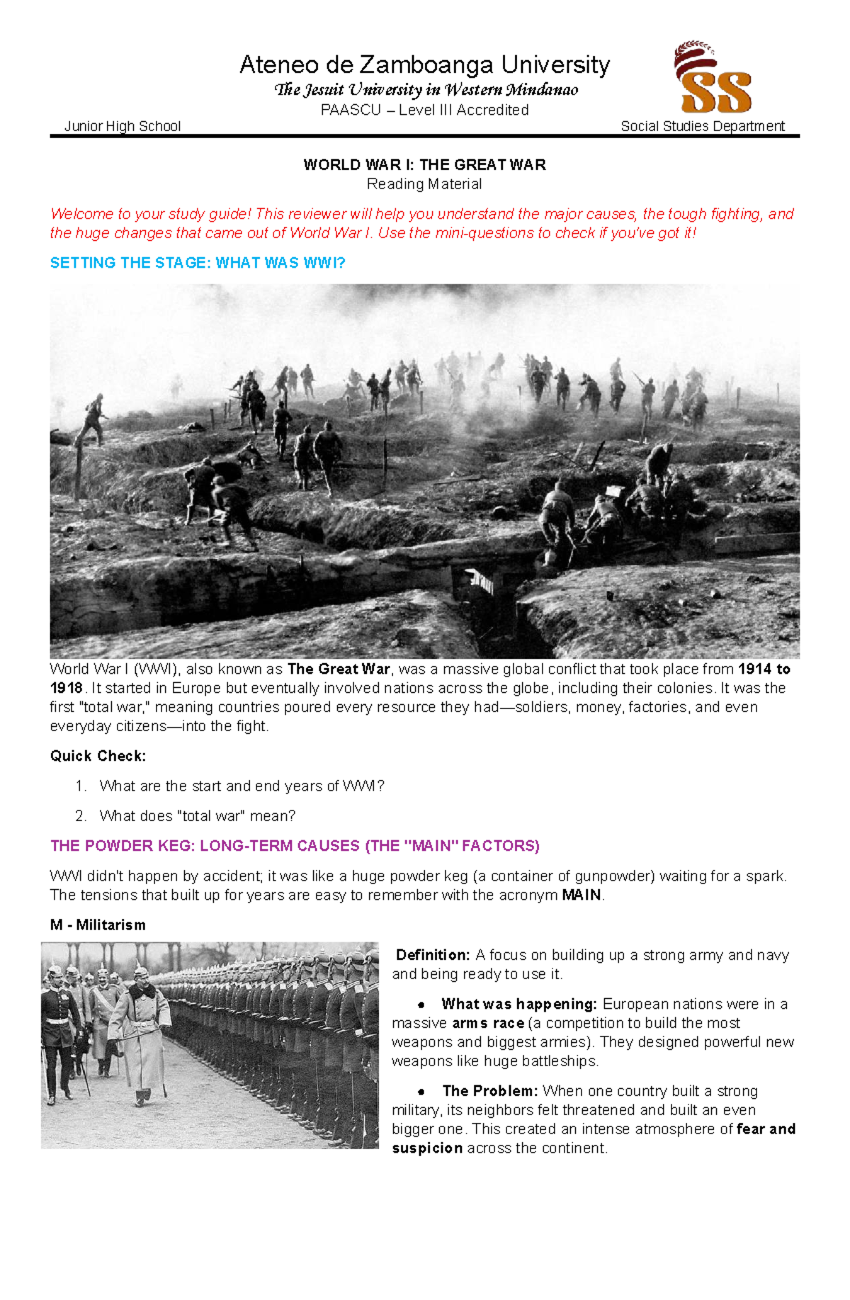 WWI: The Great War Study Guide for JHS Social Studies (SS 101) - Studocu