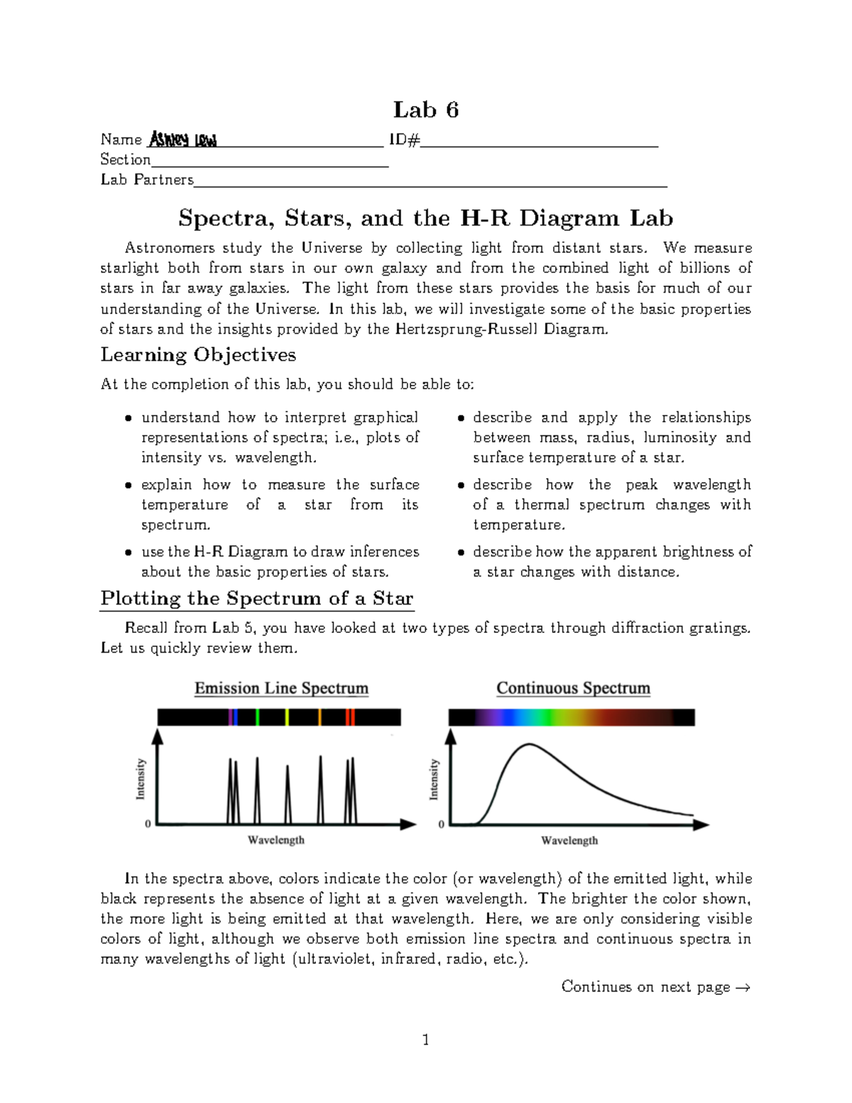 AY3 6 Lab - Understanding Spectra and the H-R Diagram in Astronomy 3 ...