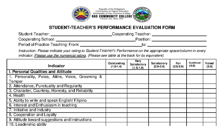 Student Teachers Performance Evaluation Form - STUDENT-TEACHER’S ...