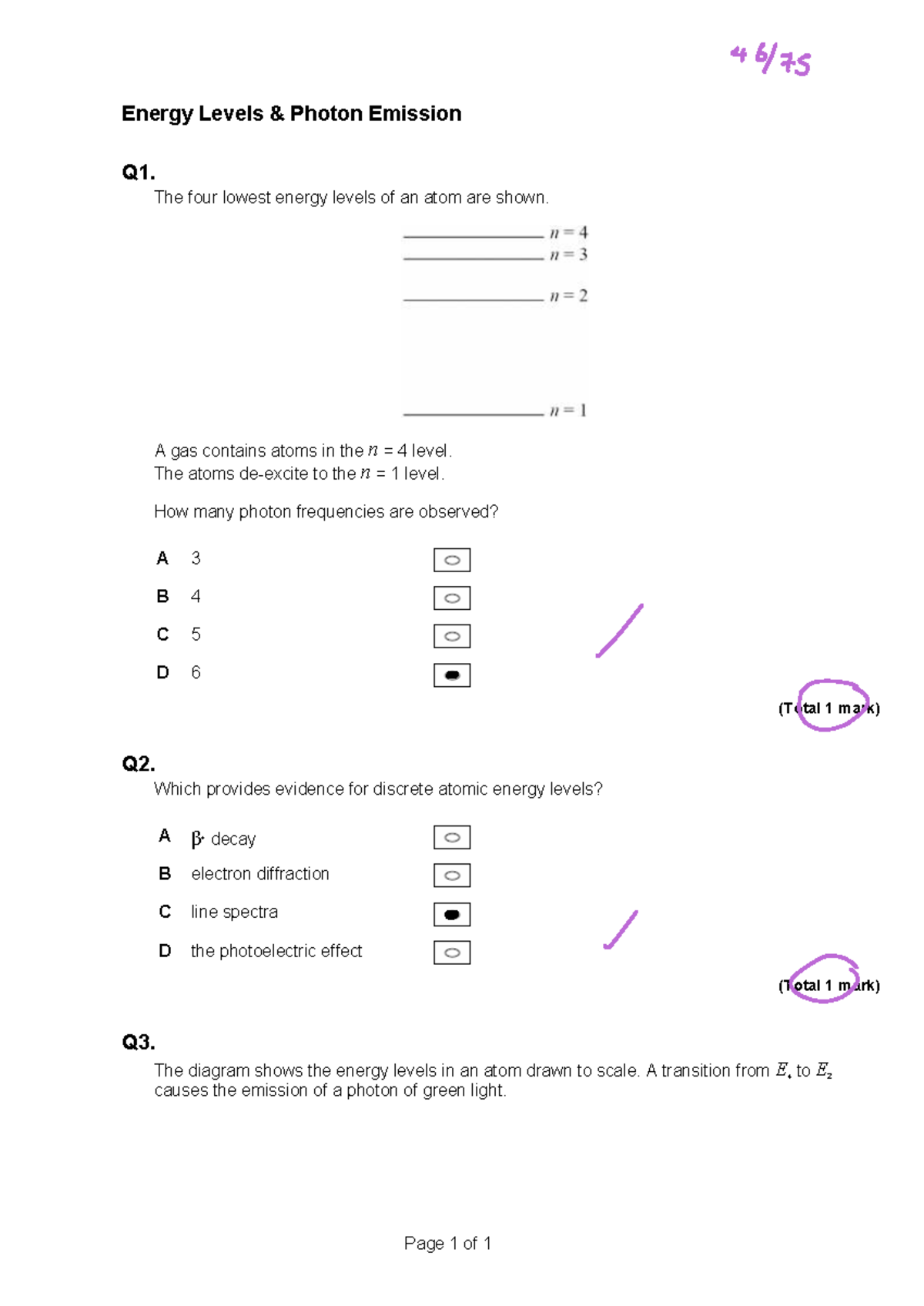 Energy Levels & Photon Emission Q1-Q19 Exam Review - Studocu