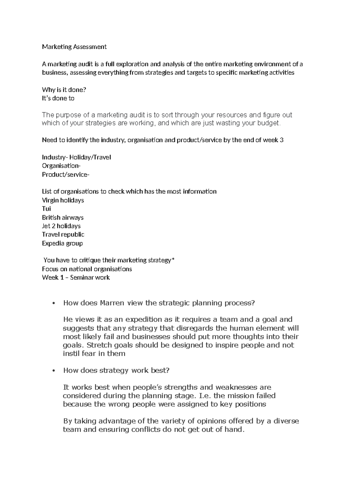 Marketing Assessment: Week 1 Seminar Insights on Strategy - Studocu