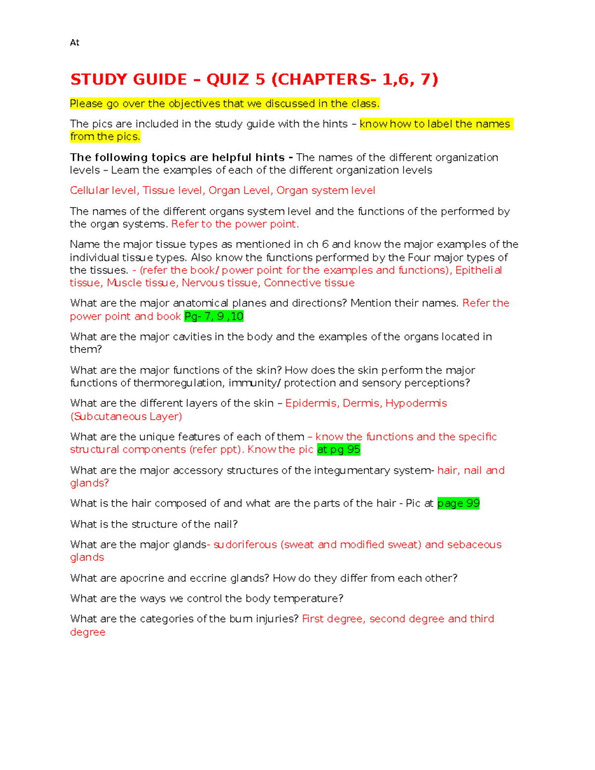Quiz 5 Study Guide: Intro to A&P - Integumentary System Insights - Studocu