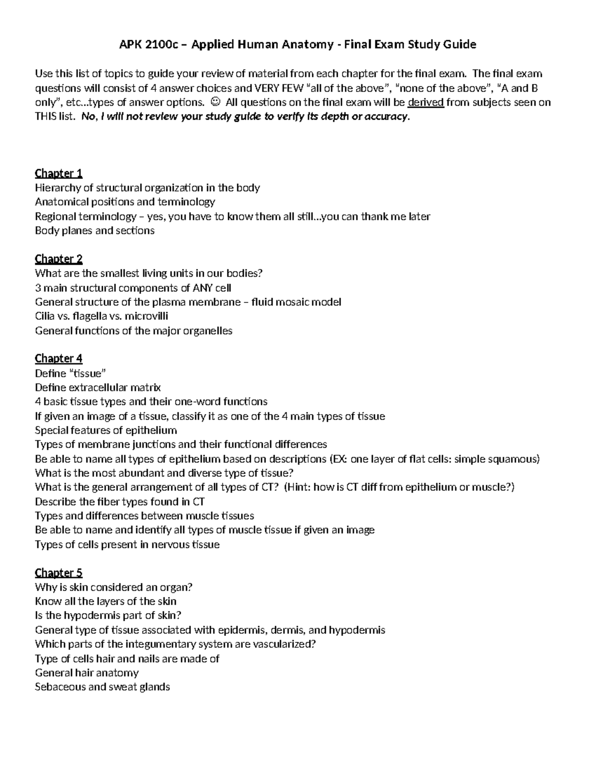 APK 2100c Applied Human Anatomy Final Exam Study Guide - Studocu