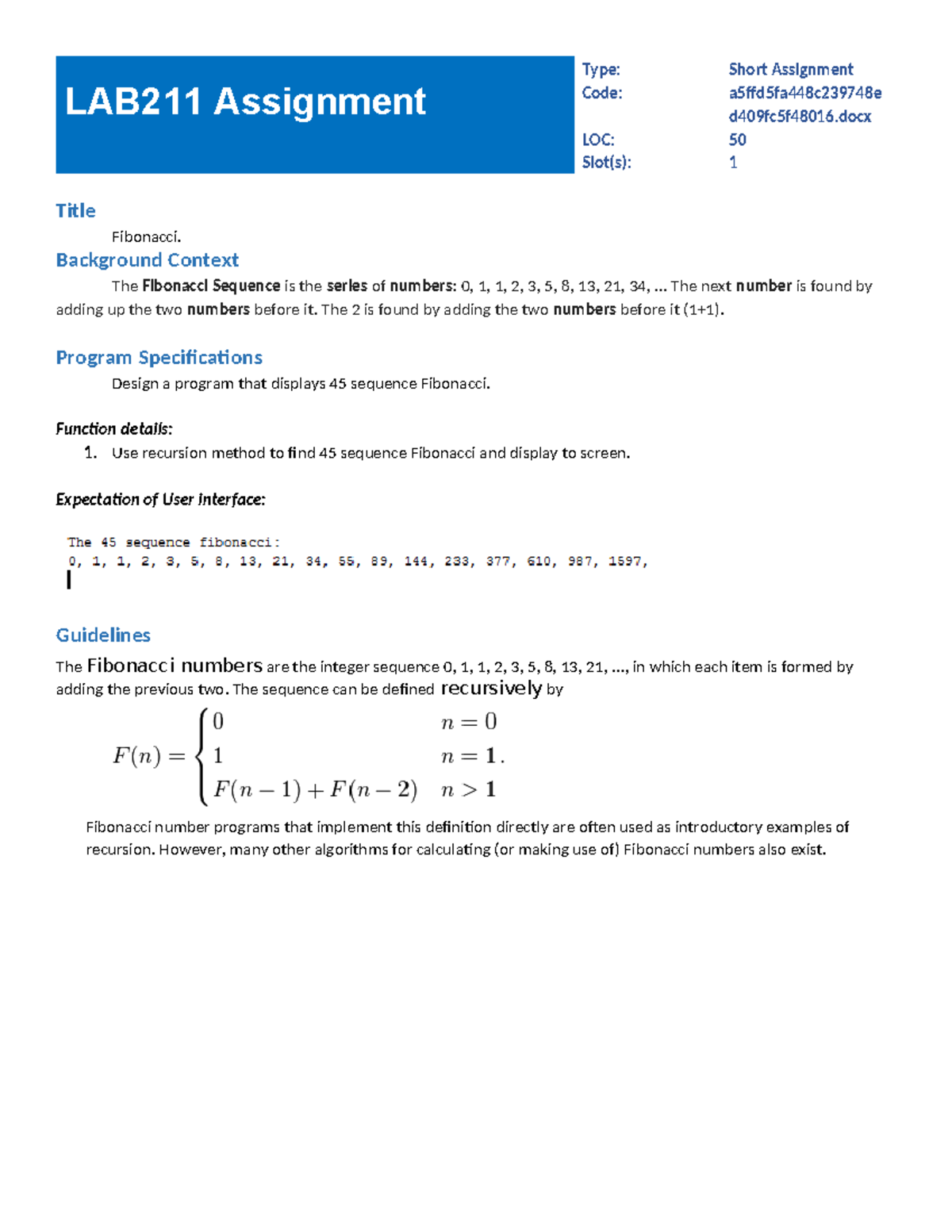 LAB211 Short Assignment: Fibonacci Sequence Program Design - Studocu