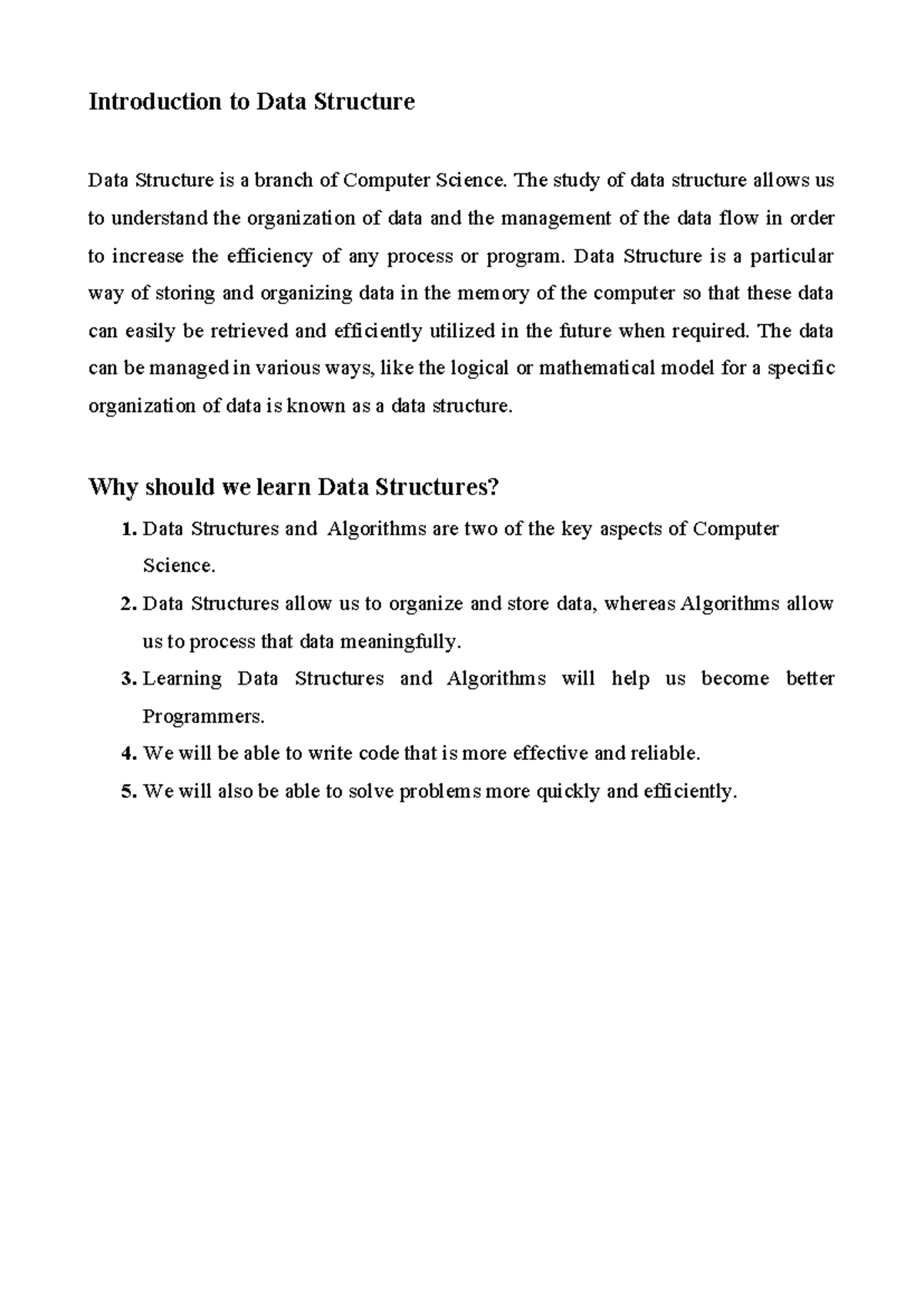 DS 1 - DS MODULE 1 - Introduction to Data Structure Data Structure is a branch of Computer ...
