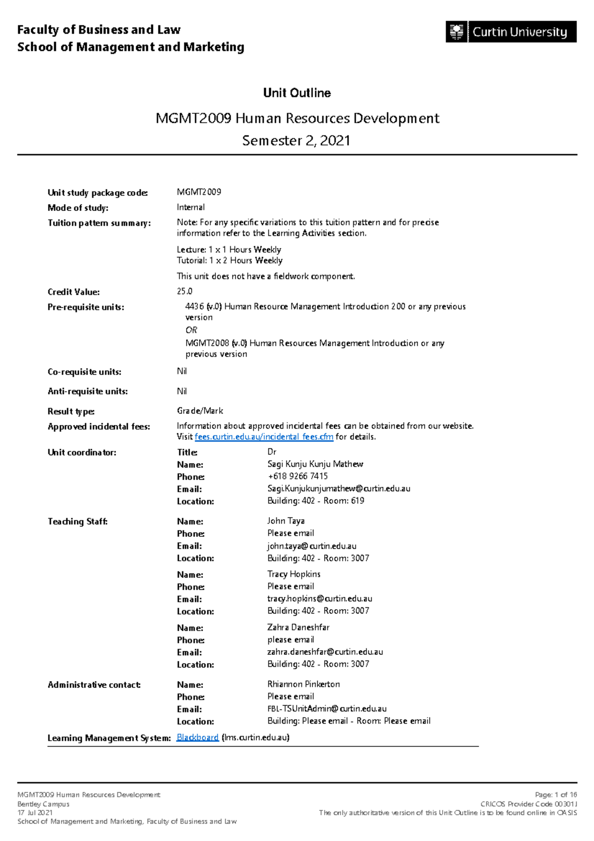 MGMT2009 Human Resources Development Unit Outline - Semester 2, 2021 ...