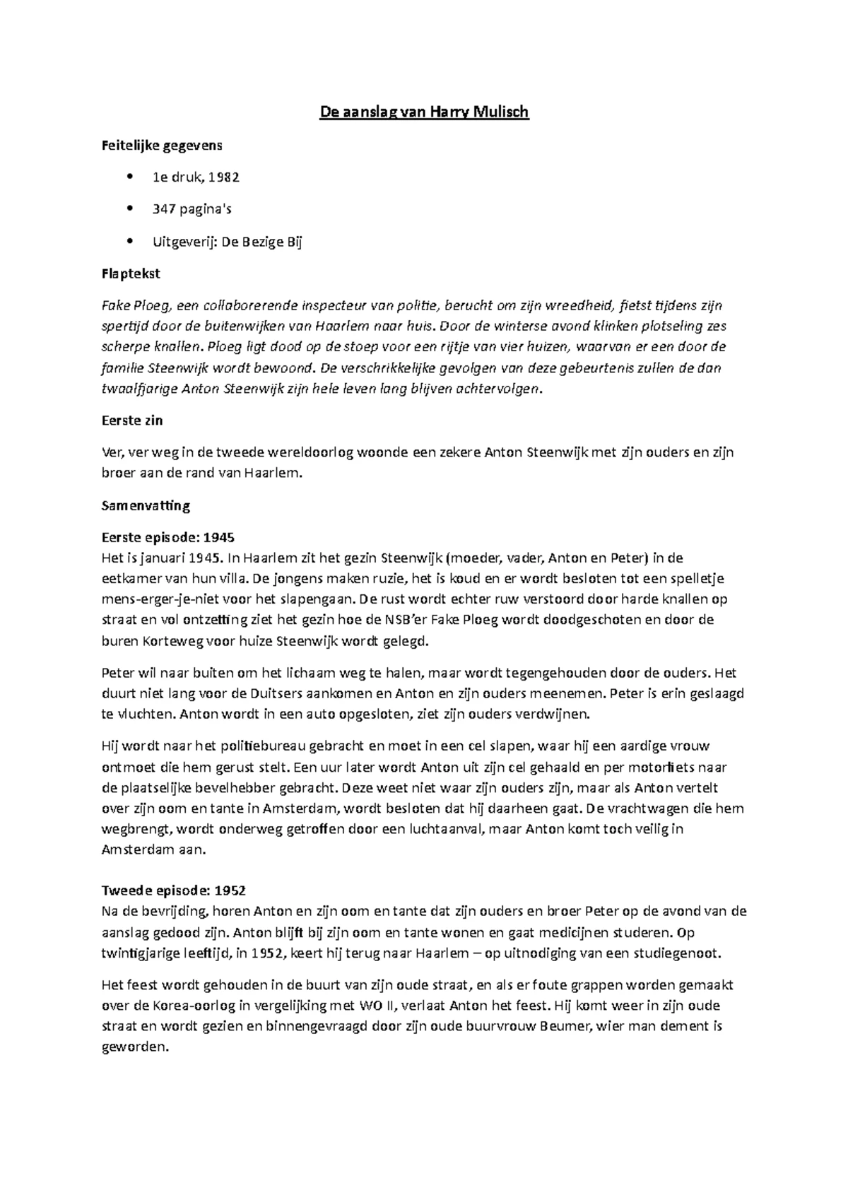 Samenvatting De Aanslag - Harry Mulisch - De Aanslag - Harry Mulisch ...