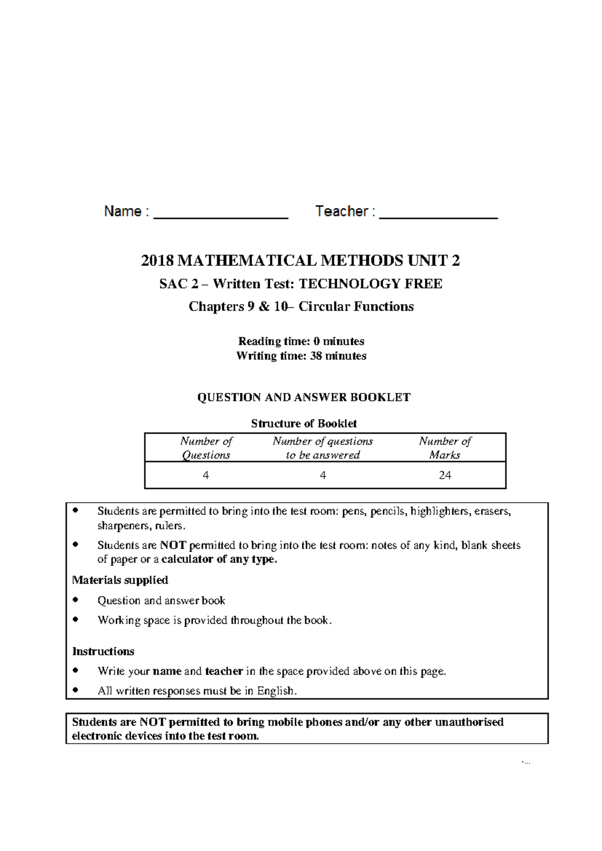 2018 MATHEMATICAL METHODS 11MM Unit 2 SAC 2: Circular Functions Test ...