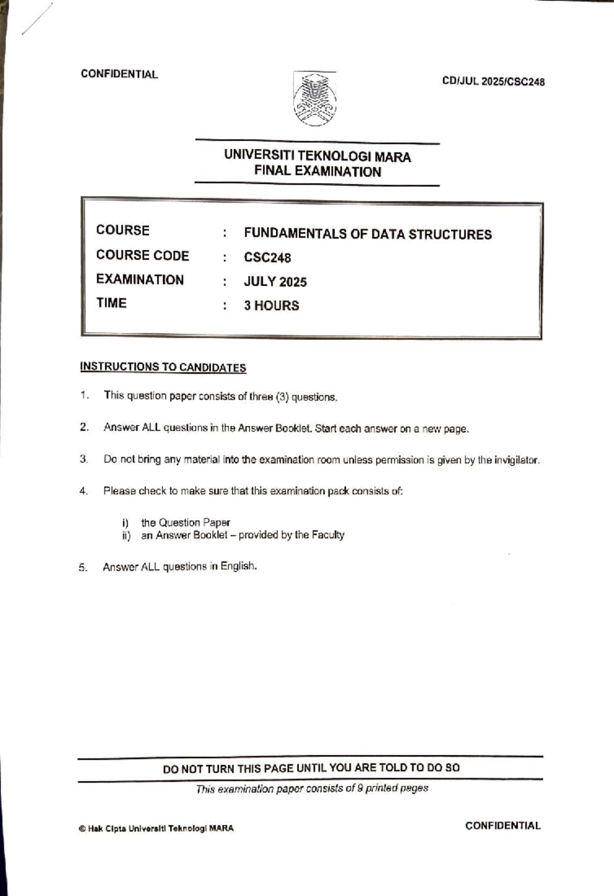 CSC248 Final Exam: Fundamentals of Data Structures - July 2025 - Studocu