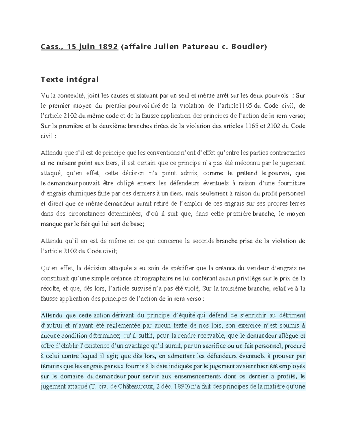 Cass., 15 juin 1892 : Affaire Julien Patureau c. Boudier - Analyse ...