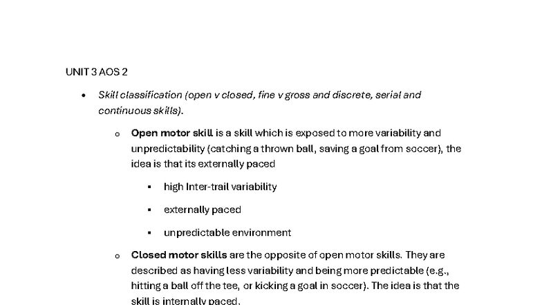 UNIT 3 AOS 2 - Skill Classification and Coaching Approaches - Studocu
