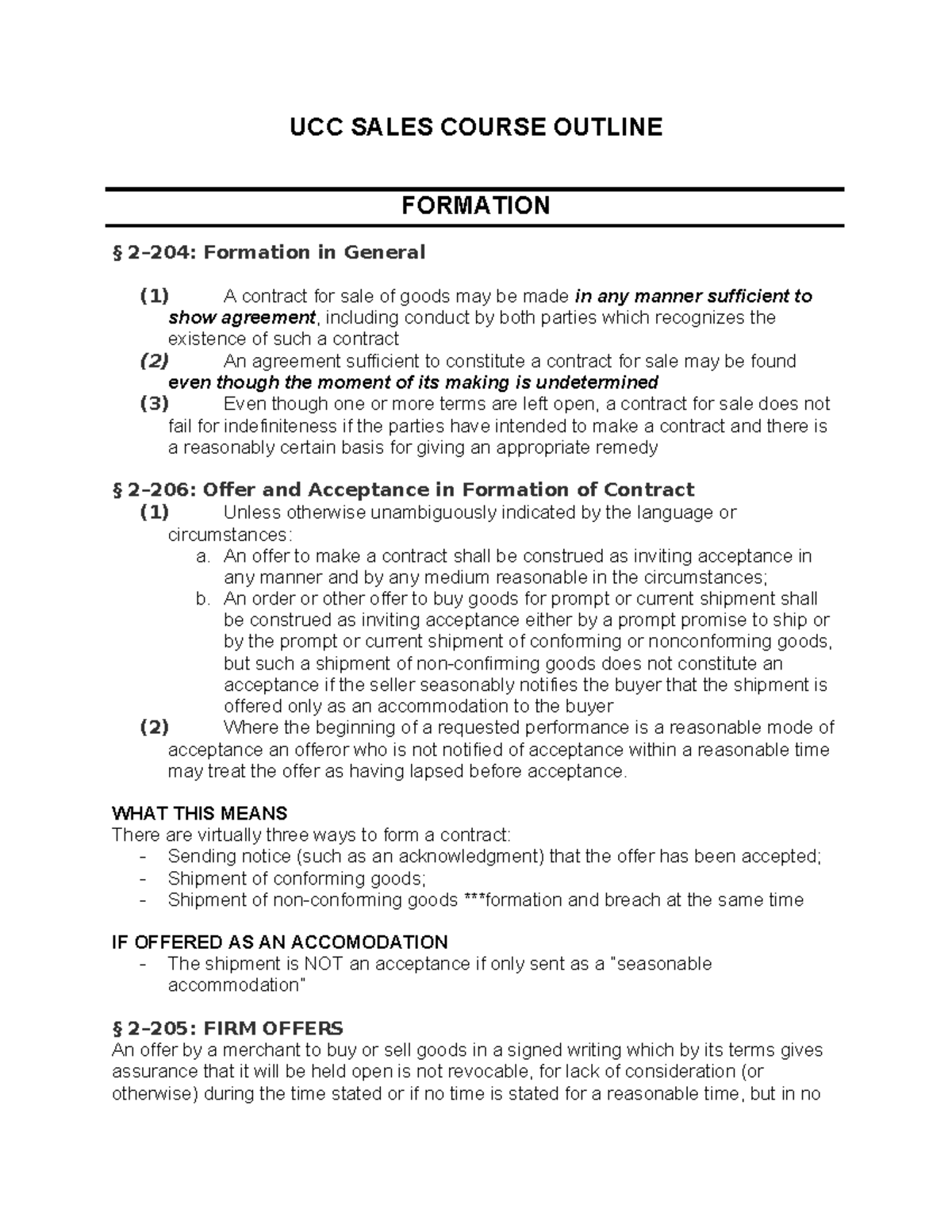 UCC SALES COURSE OUTLINE: FORMATION, OFFER & ACCEPTANCE DETAILS - Studocu
