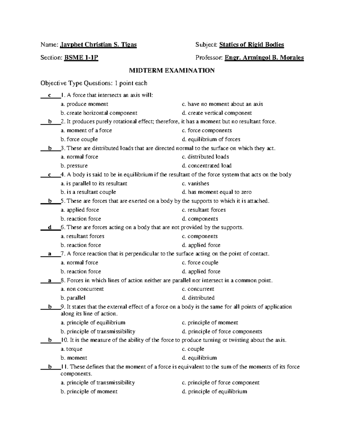 BSME 101 Midterm Exam - Statics of Rigid Bodies Questions - Studocu