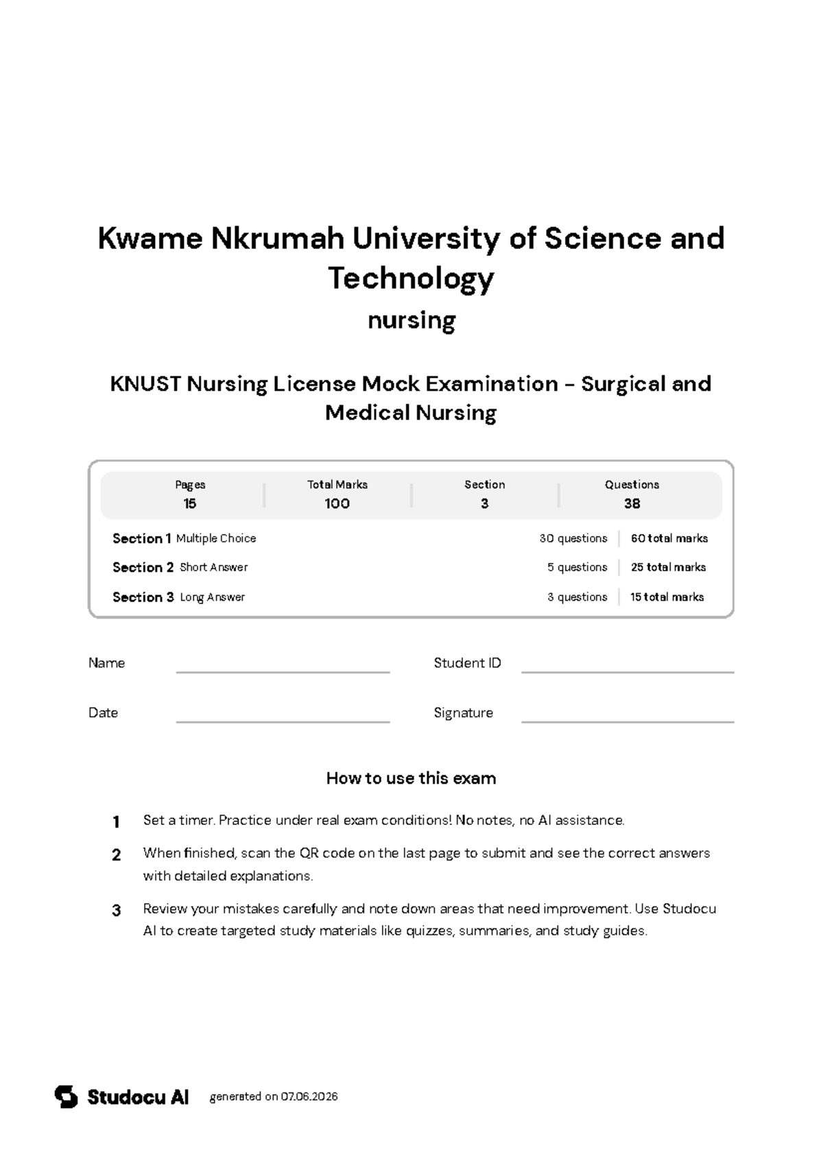 KNUST Nursing License Mock Exam - Surgical & Medical Nursing - Studocu