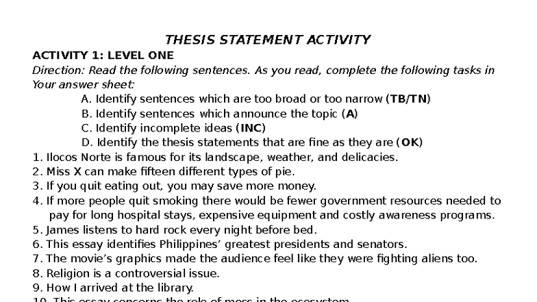 Thesis Statement Activity: Identifying Effective Thesis Statements ...