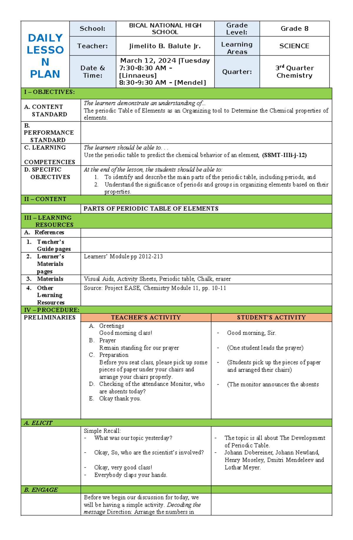 Grade 8 Science: Parts of the Periodic Table Lesson Plan DLP - Studocu