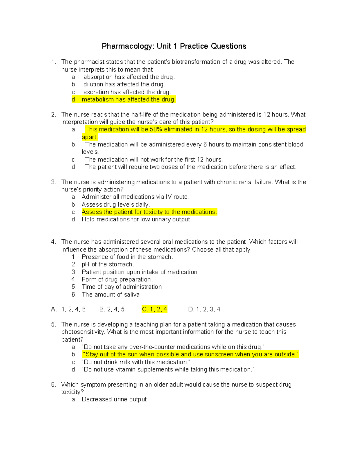 NUR 210 Unit 1 Pharmacology Practice Questions 2025 - Studocu