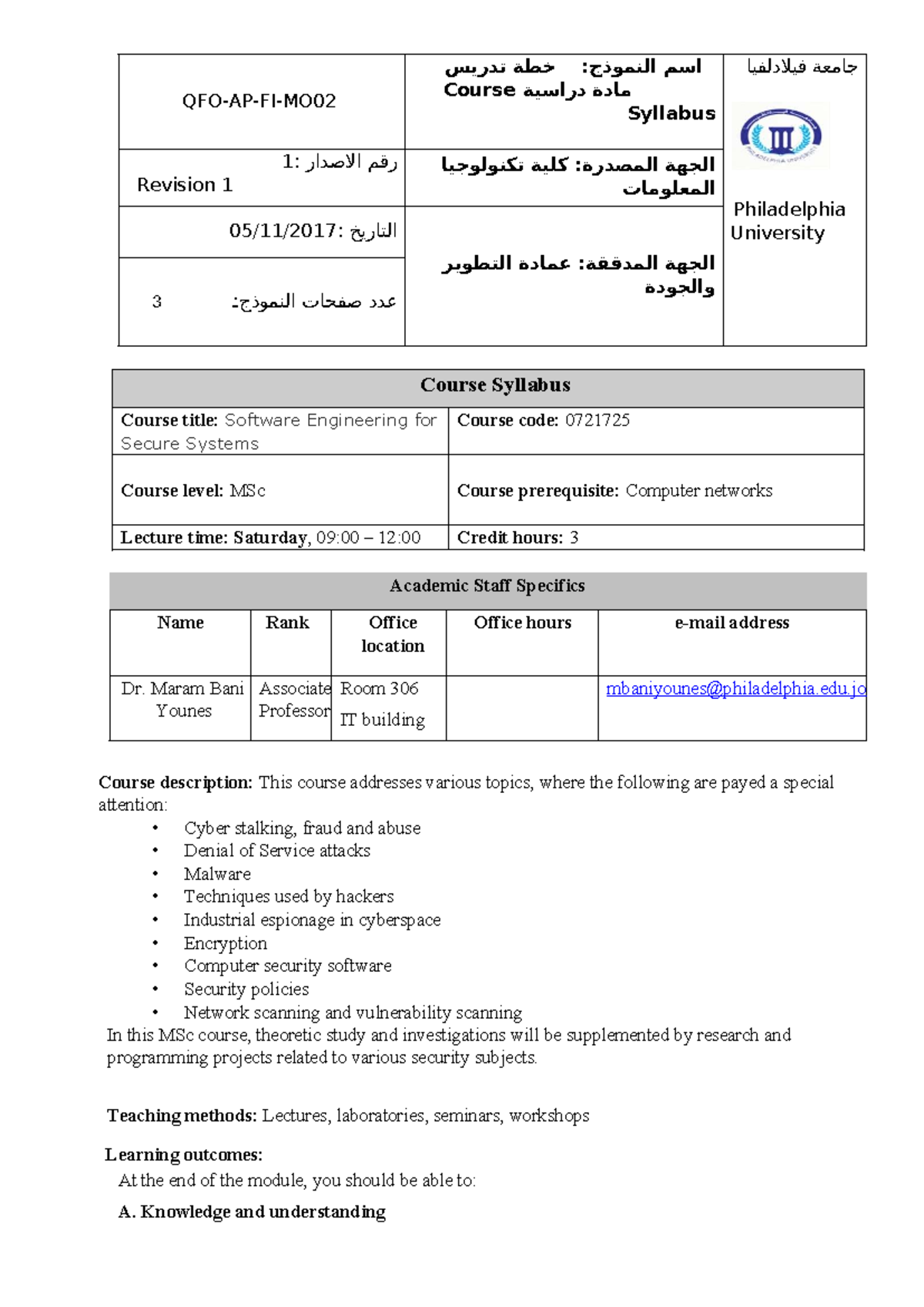 Syllabus for MSc Software Engineering Secure Systems (0721725) - Studocu