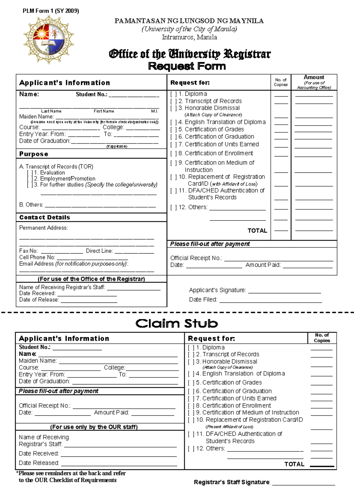 OUR Request Form for Student Records and Certifications - Studocu