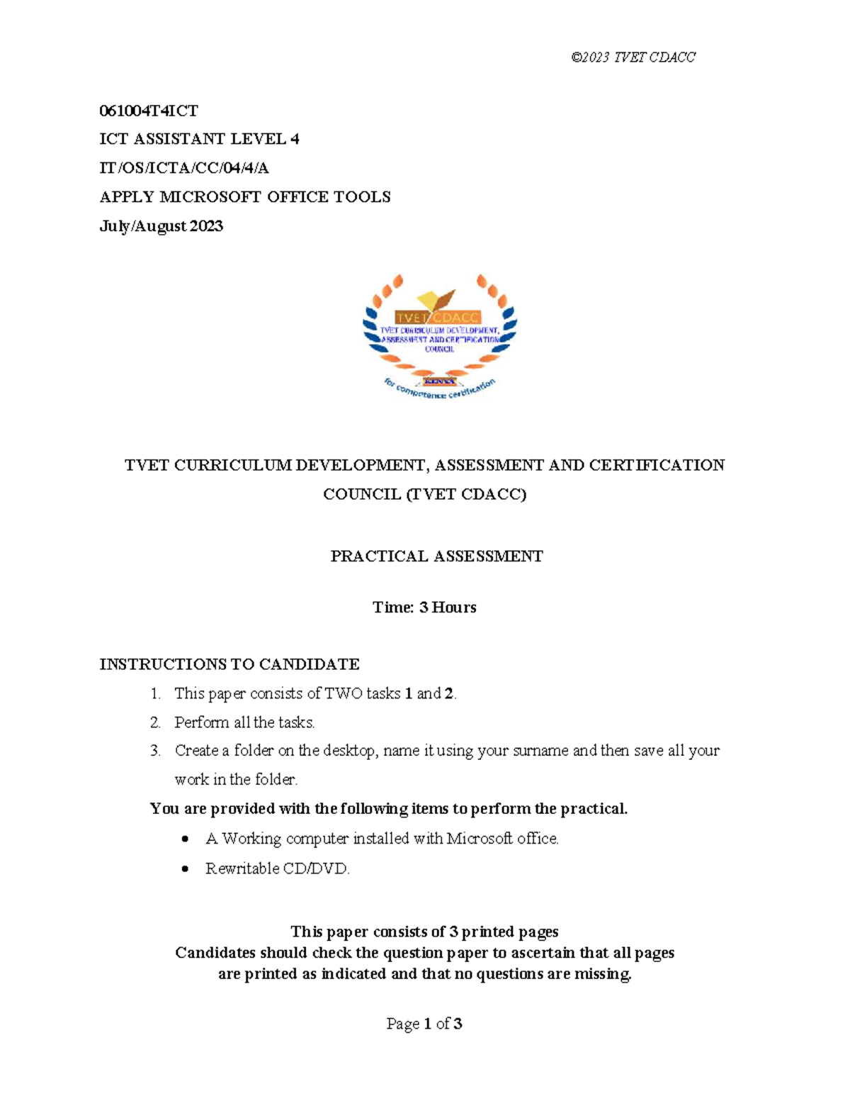 TVET CDACC 061004T4ICT ICT ASSISTANT LEVEL 4 MS OFFICE PRACTICAL 2023 ...