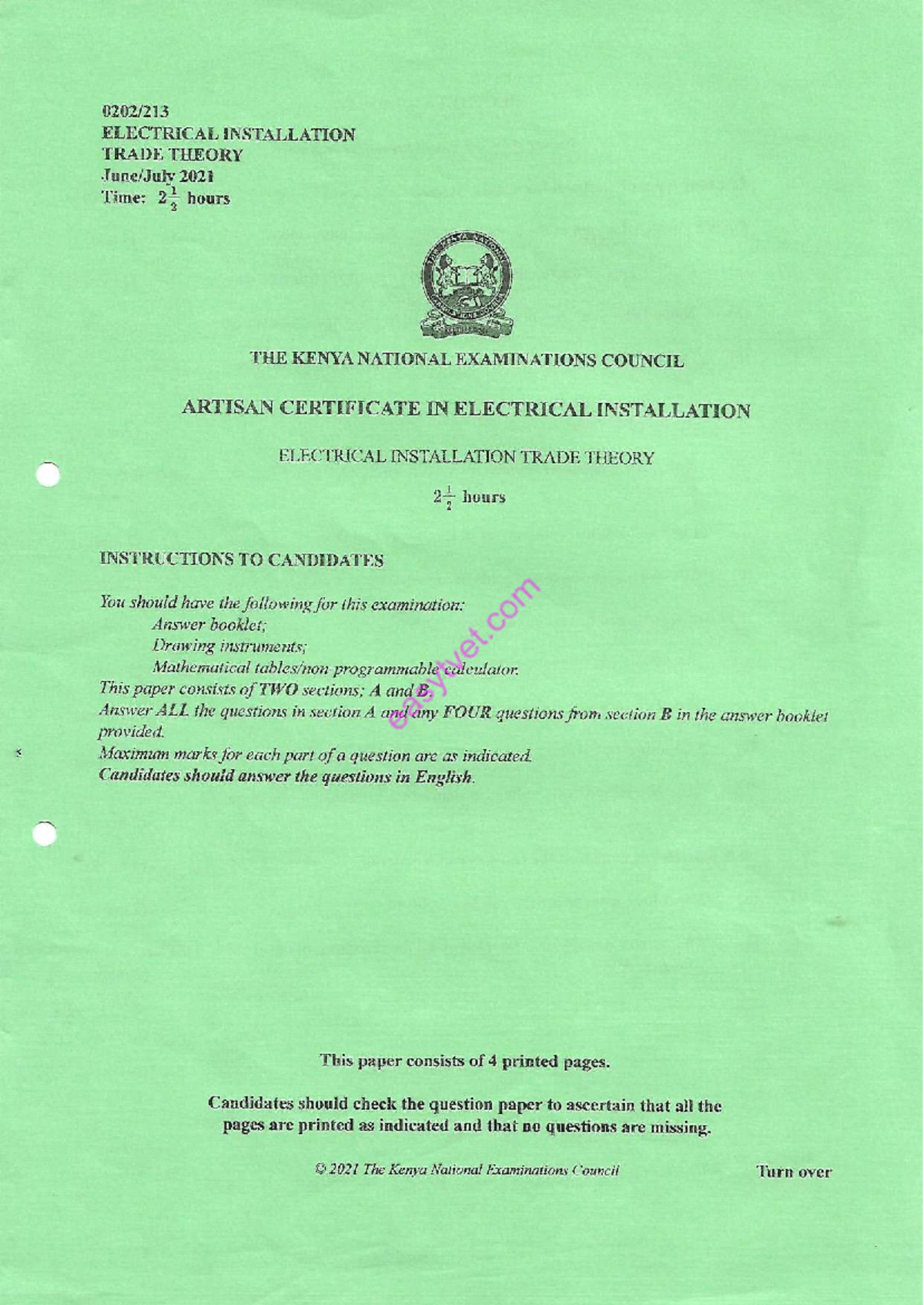 ELECTRICAL INSTALLATION TRADE THEORY 2021 Exam Paper - Studocu