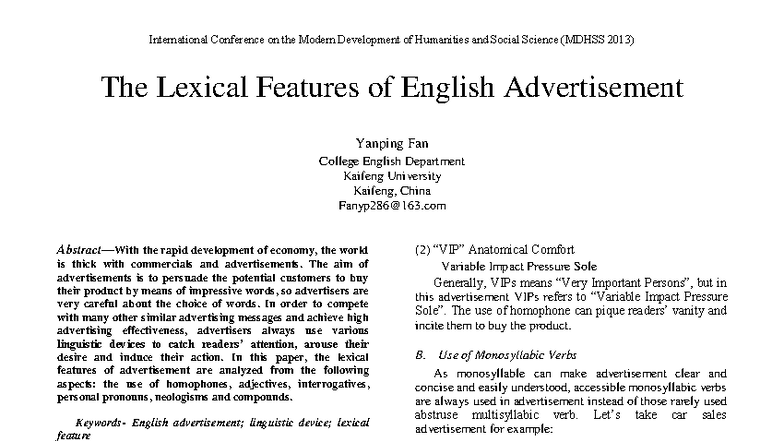 Lexical Features in English Advertisements: Insights from MDHSS 2013 ...