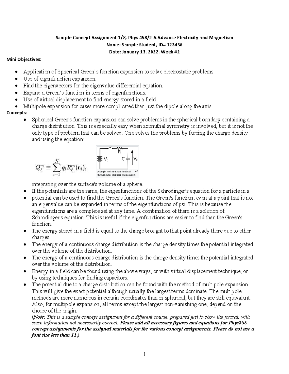 Phys A 206: Sample Concept Assignment on Electrostatics and ...