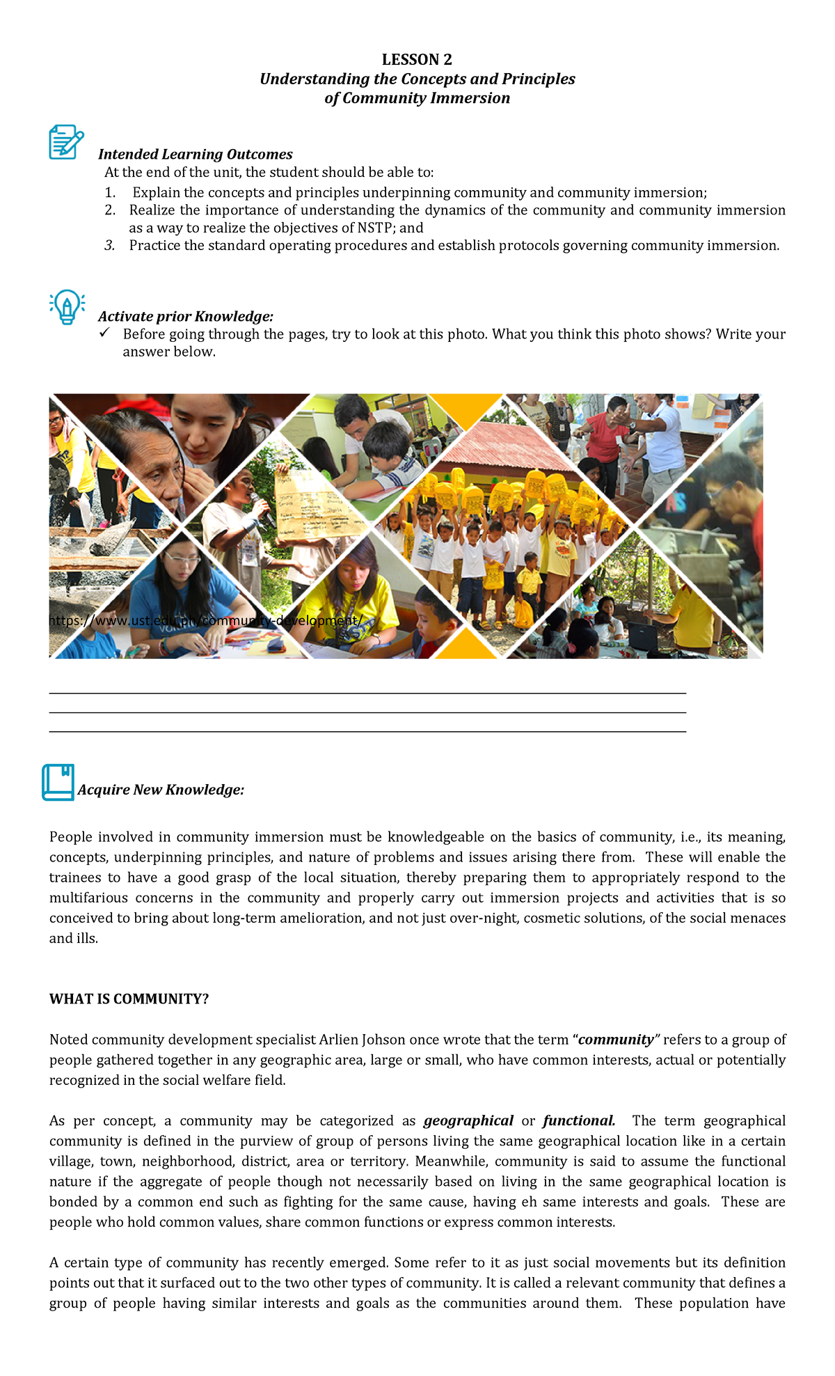 NSTP 2 Lesson 2 - Concepts & Principles of Community Immersion - Studocu