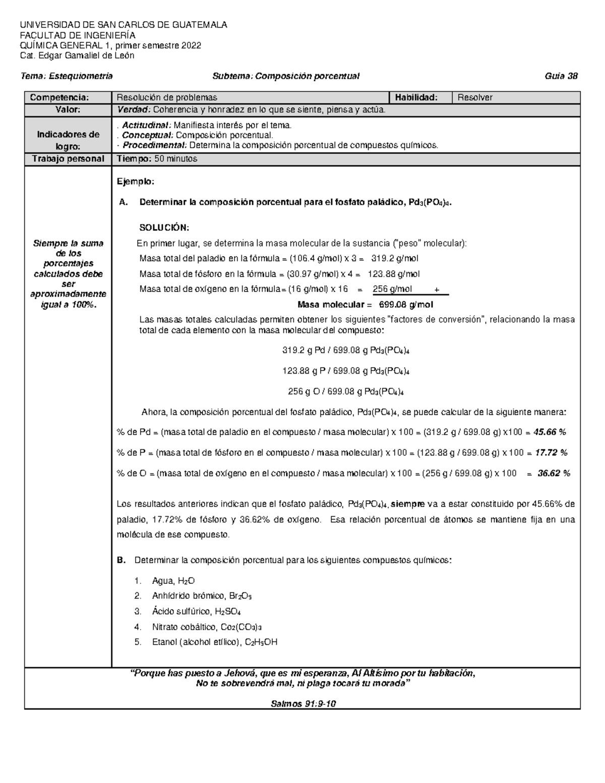 Guía # 38, Composición porcentual - UNIVERSIDAD DE SAN CARLOS DE GUATEMALA FACULTAD DE ...
