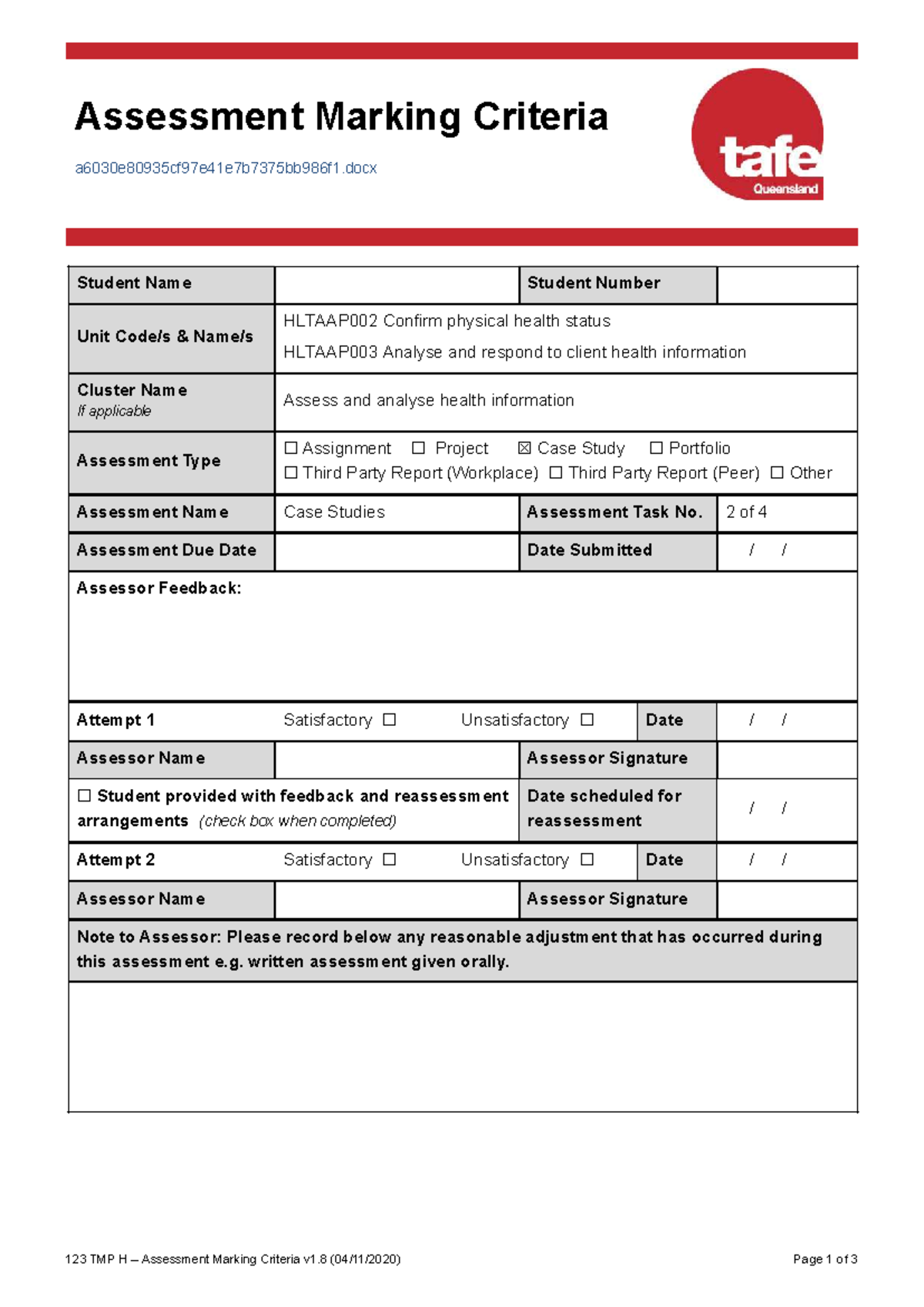 HLTAAP002 & HLTAAP003 Assessment Marking Criteria for Case Studies ...