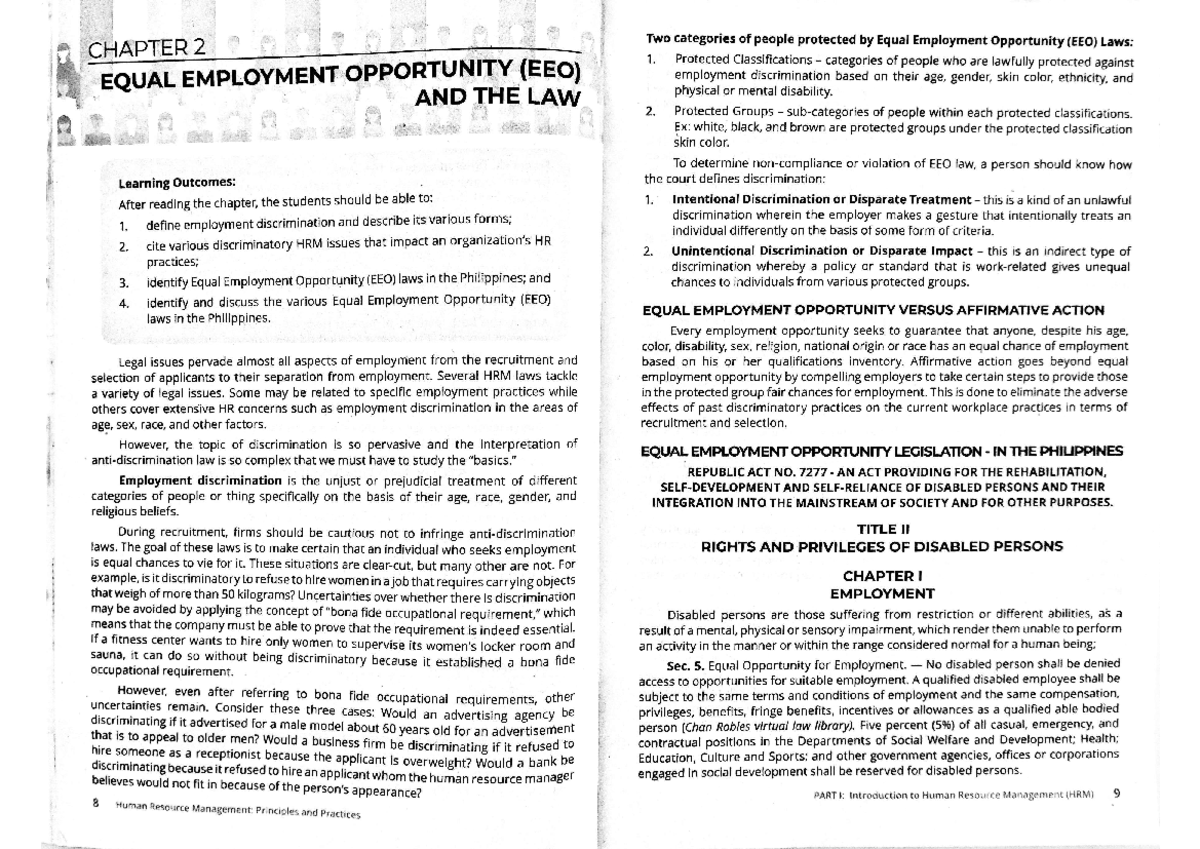 Chapter-2 Human Resource Management - CHAPTER 2 Two categories of people protected Equal ...